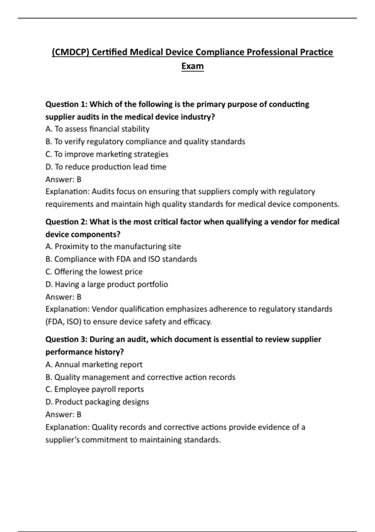 (CMDCP) Certified Medical Device Compliance Professional Practice Exam ...