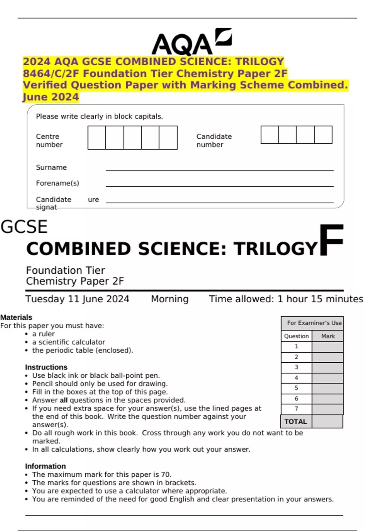 2024 AQA GCSE COMBINED SCIENCE: TRILOGY 8464/C/2F Foundation Tier Chemistry Paper 2F Verified ...