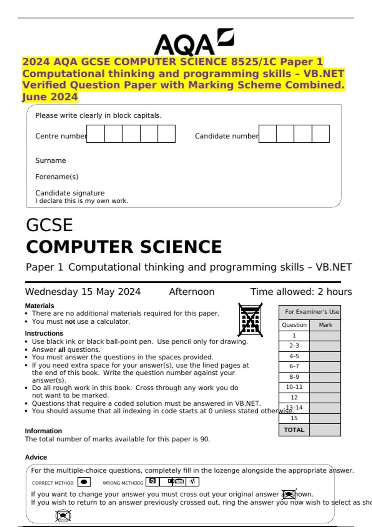 2024 AQA GCSE COMPUTER SCIENCE 8525/1C Paper 1 Computational thinking and programming skills ...