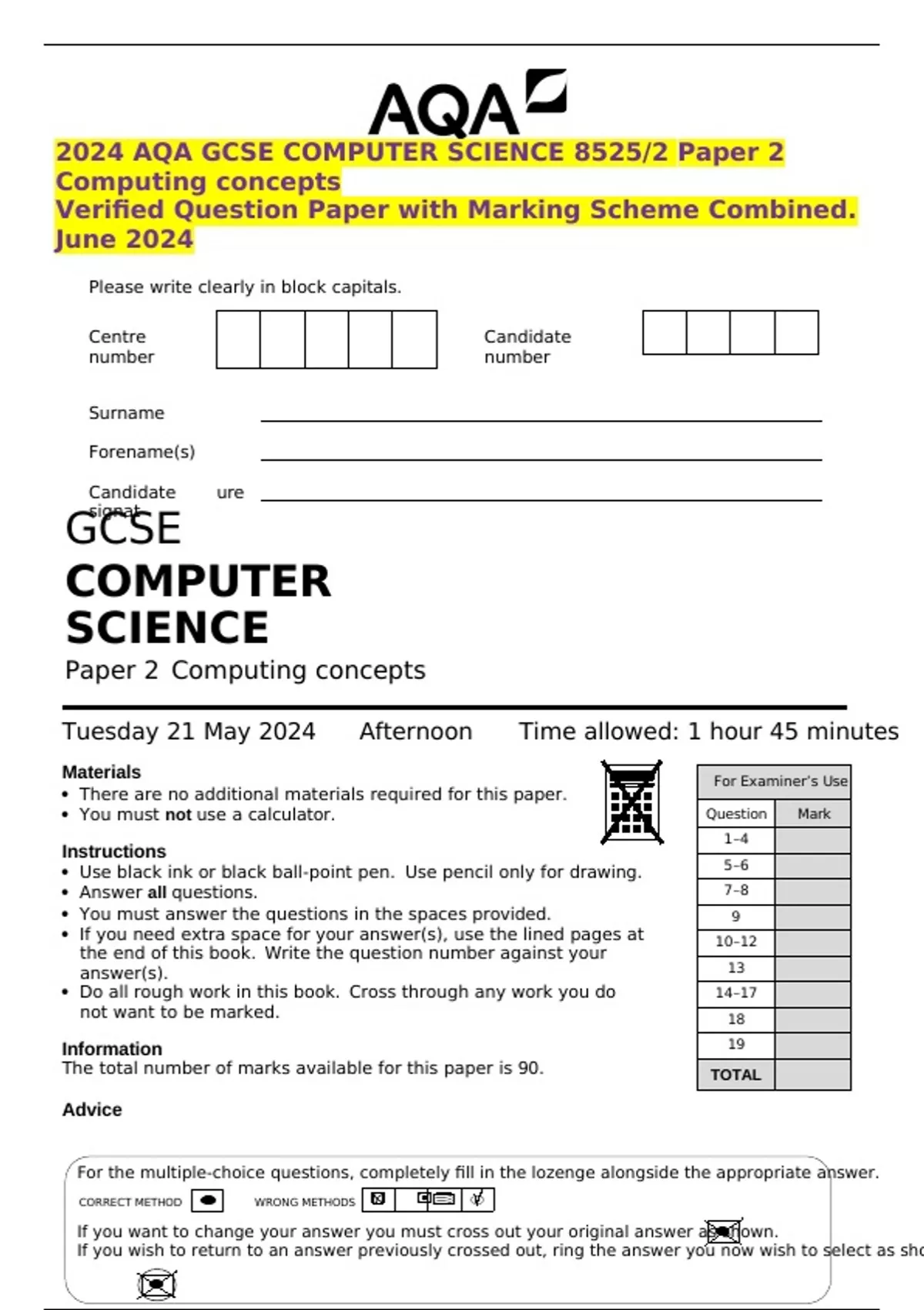 2024 AQA GCSE COMPUTER SCIENCE 8525/2 Paper 2 Computing concepts Verified Question Paper with ...