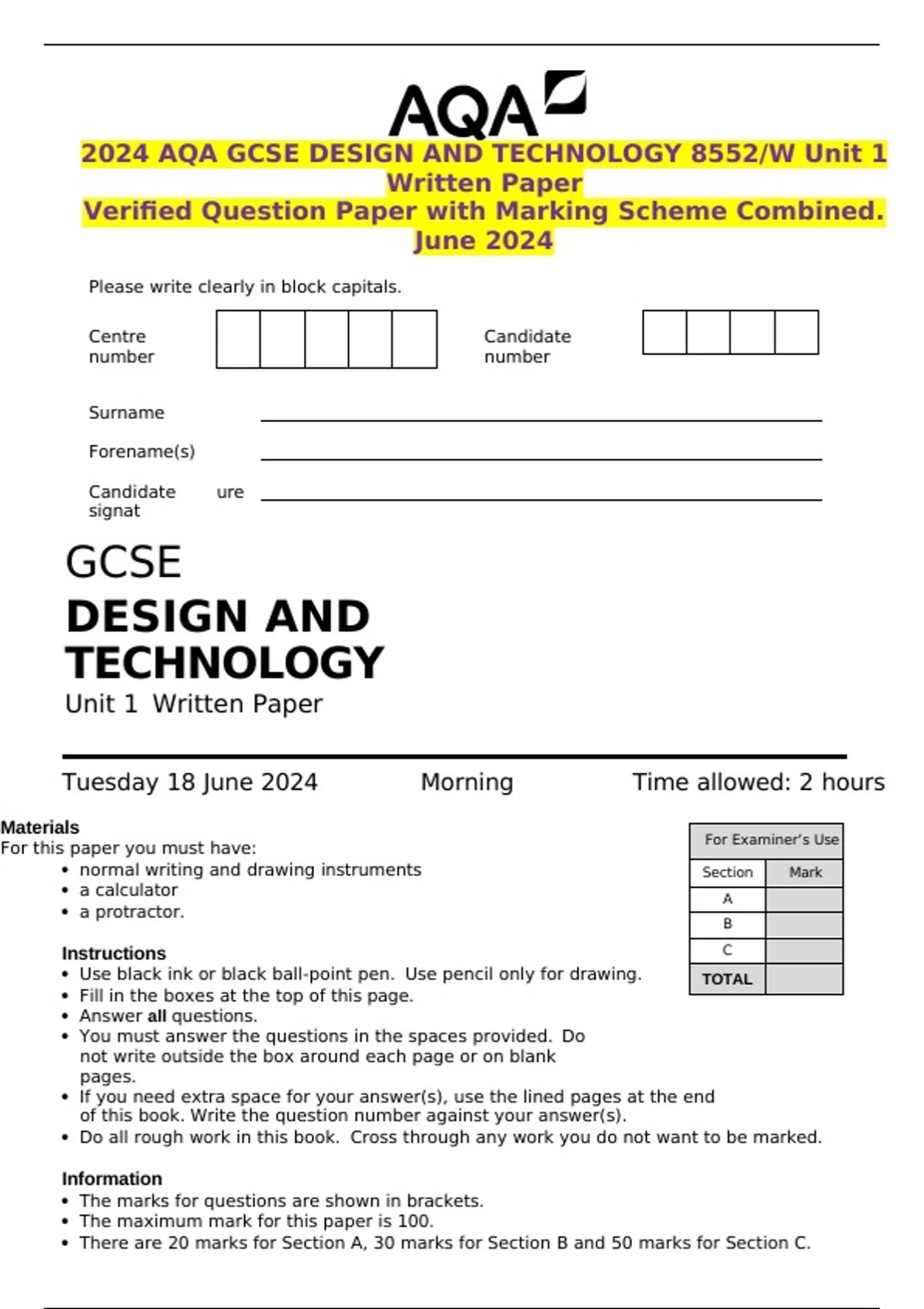 2024 AQA GCSE DESIGN AND TECHNOLOGY 8552/W Unit 1 Written Paper ...