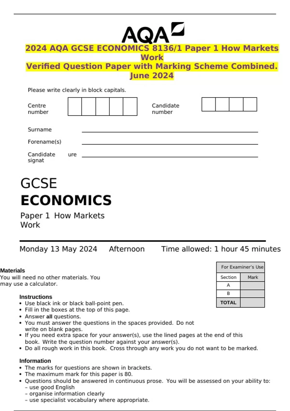 2024 AQA GCSE ECONOMICS 8136/1 Paper 1 How Markets Work Verified ...