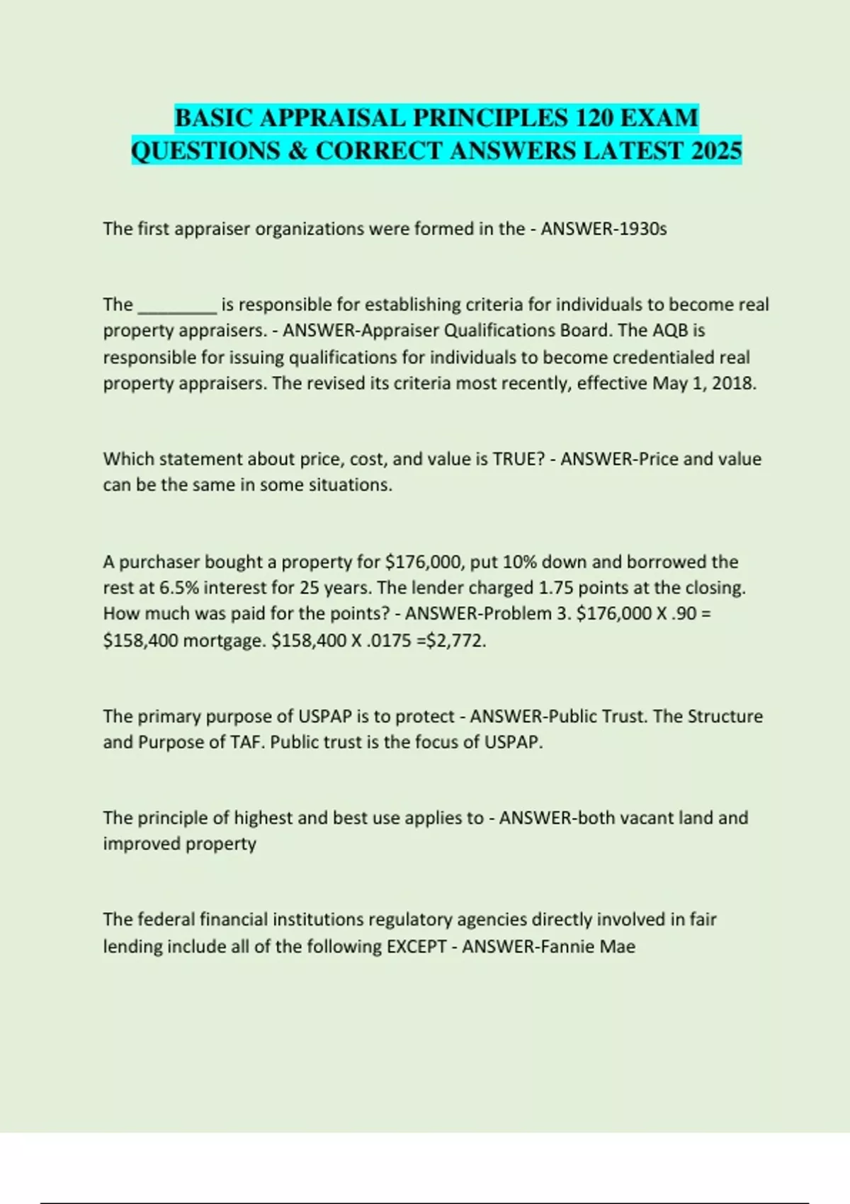 BASIC APPRAISAL PRINCIPLES 120 EXAM QUESTIONS & CORRECT ANSWERS LATEST ...