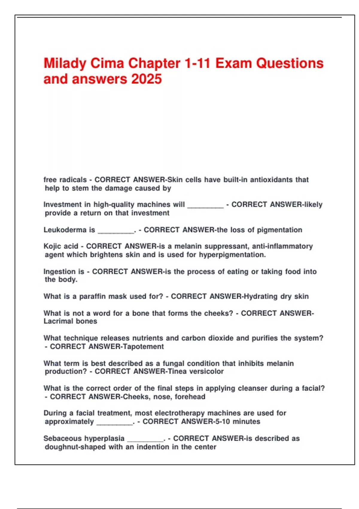 Milady Cima Chapter 1-11 Exam Questions and answers 2025. - Milady Cima ...