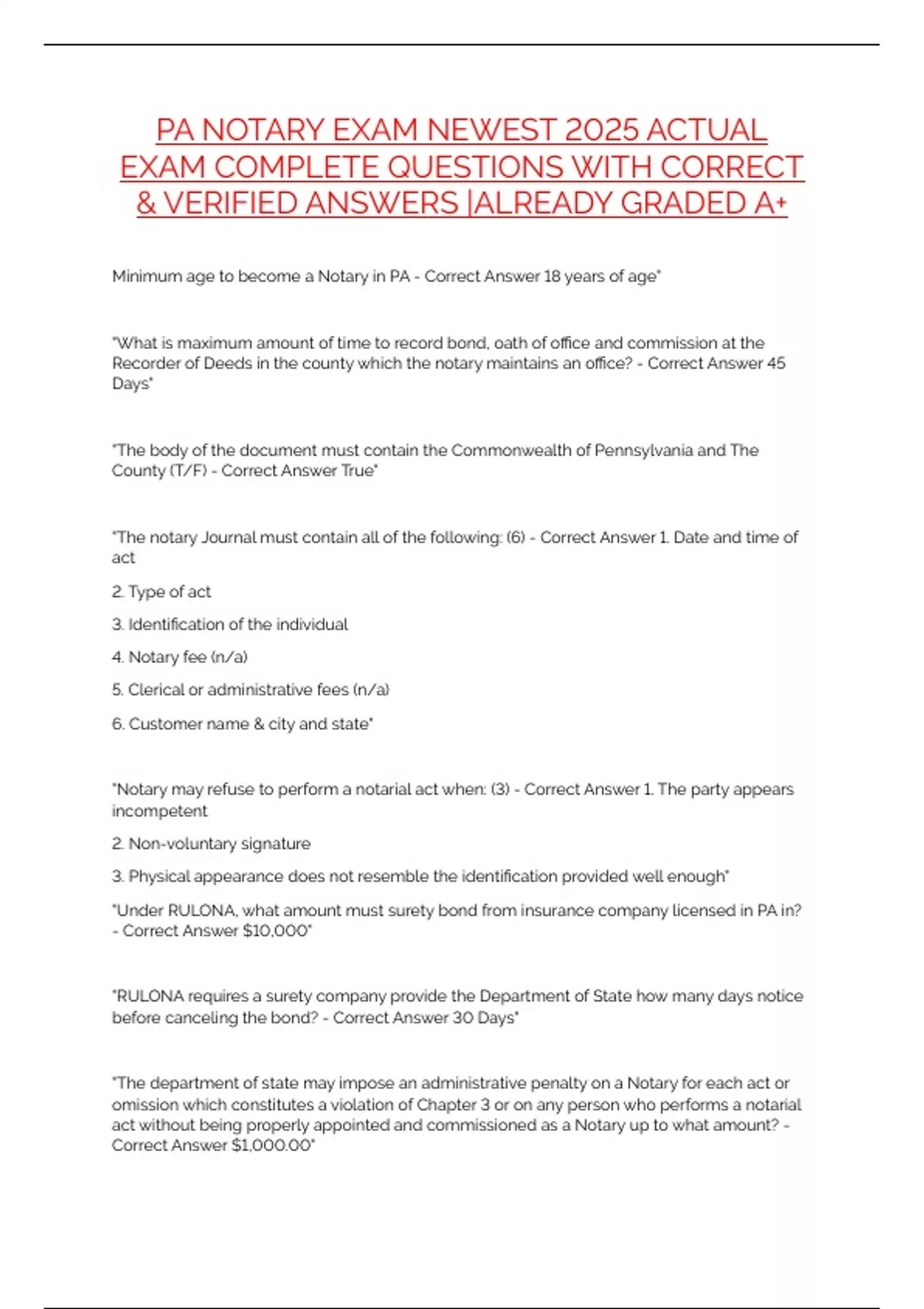 PA NOTARY EXAM NEWEST 2025 ACTUAL EXAM COMPLETE QUESTIONS WITH CORRECT ...