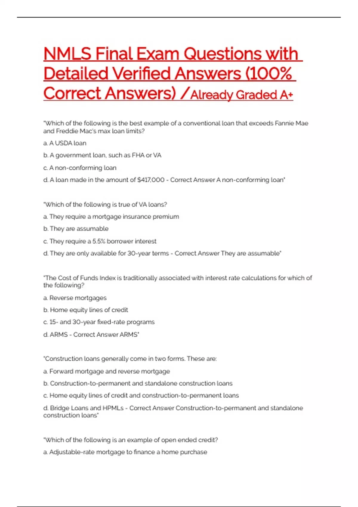 NMLS Final Exam Questions with Detailed Verified Answers (100% Correct Answers) /Already Graded ...