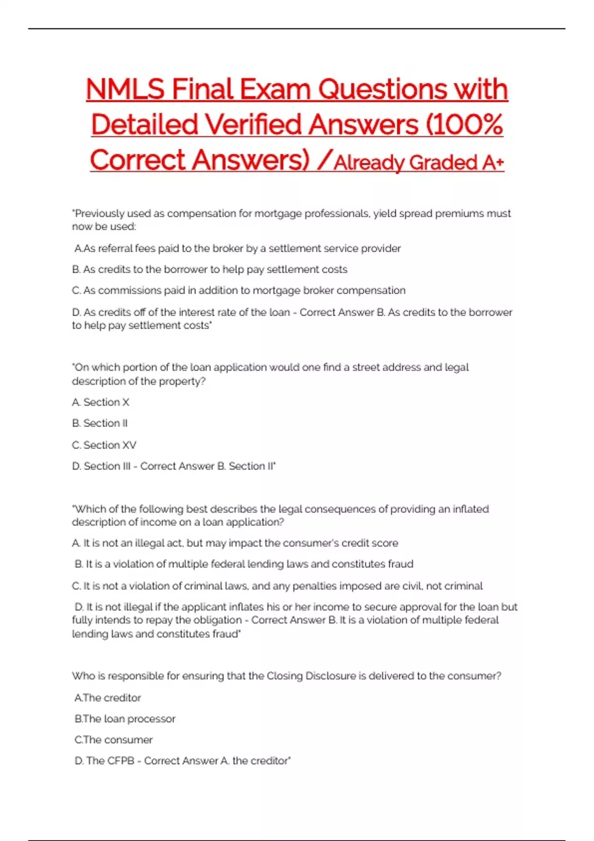 NMLS Final Exam Questions with Detailed Verified Answers (100% Correct ...