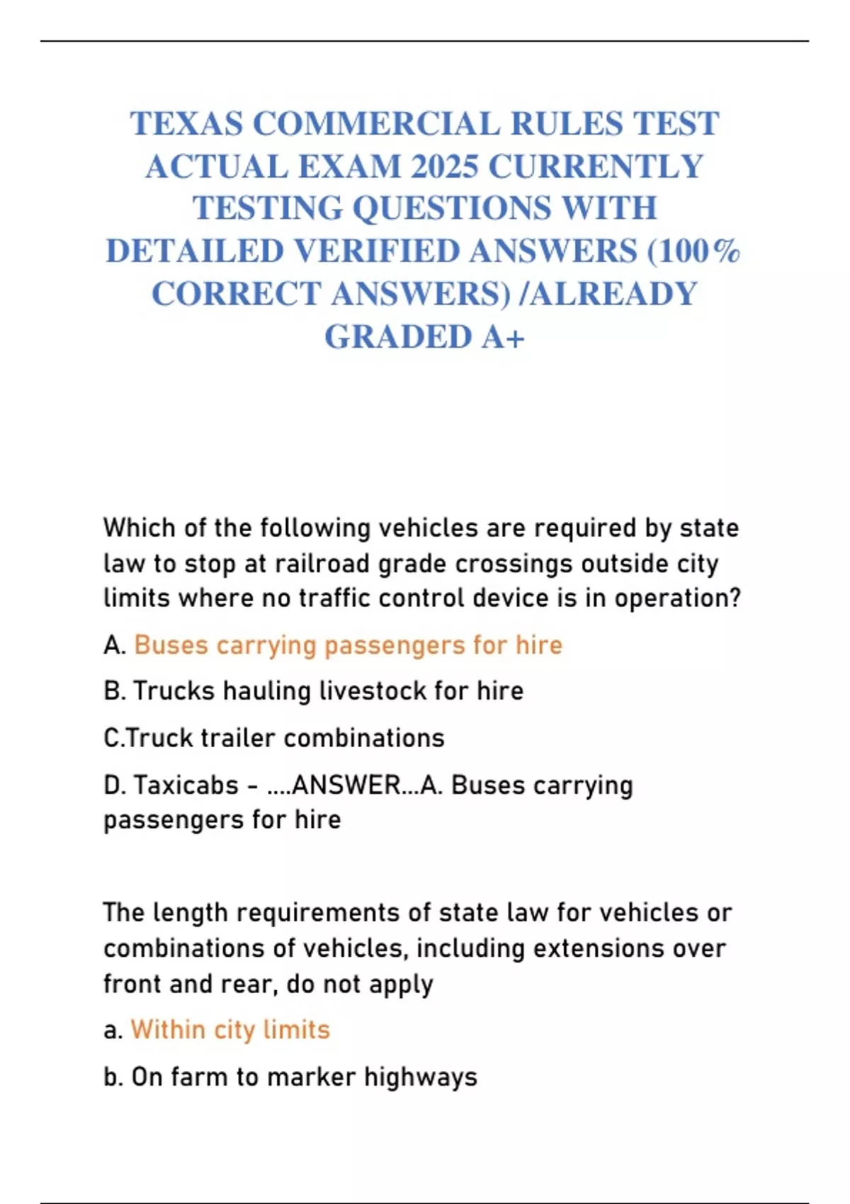TEXAS COMMERCIAL RULES TEST ACTUAL EXAM 2025 CURRENTLY TESTING ...