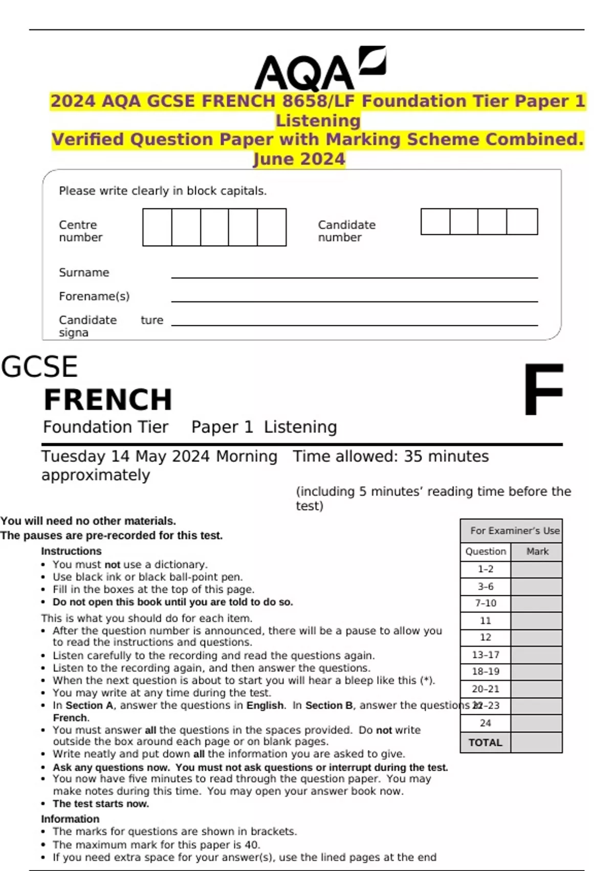 2024 AQA GCSE FRENCH 8658/LF Foundation Tier Paper 1 Listening Verified ...