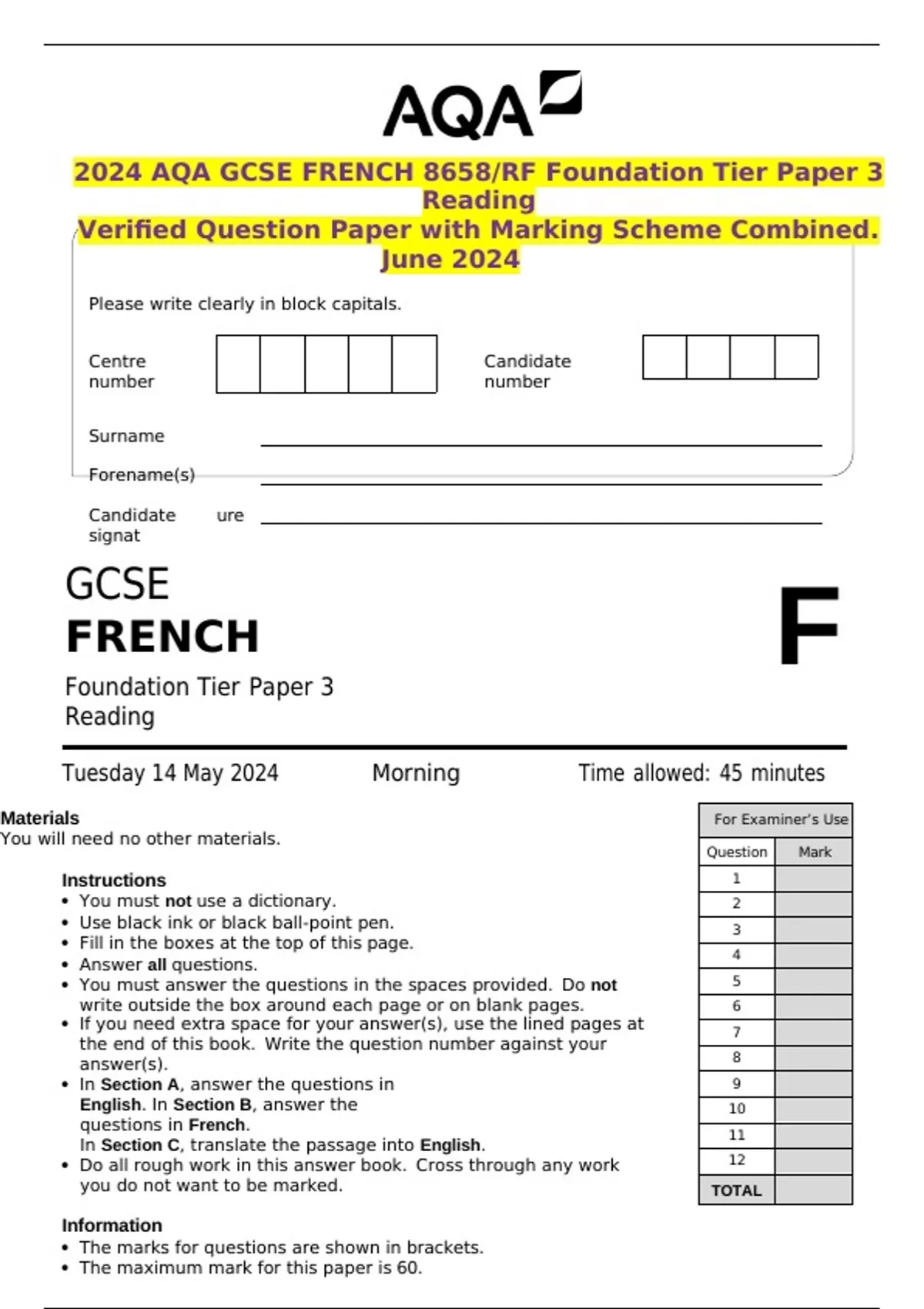 2024 AQA GCSE FRENCH 8658/RF Foundation Tier Paper 3 Reading Verified ...