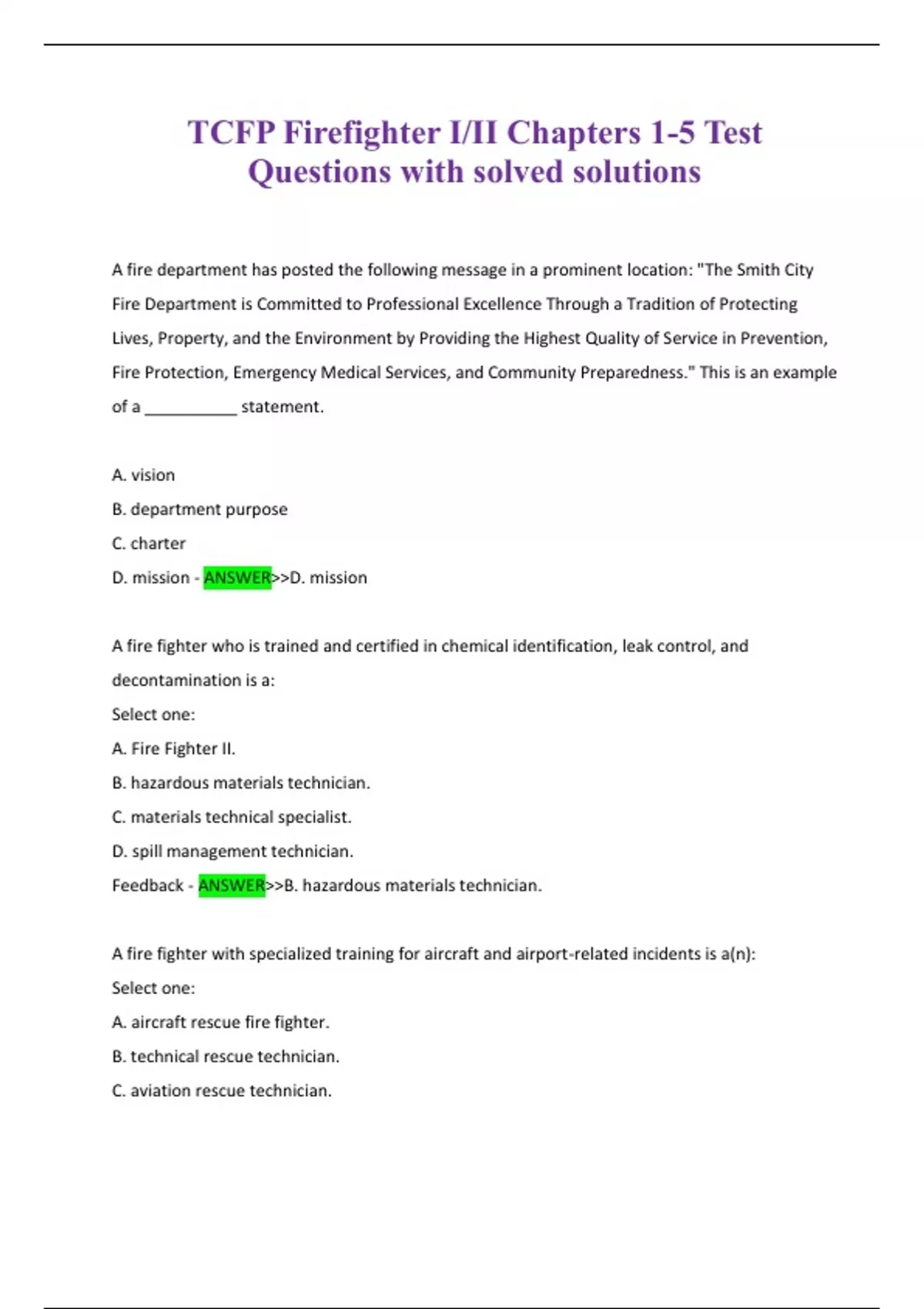 TCFP Firefighter I/II Chapters 1-5 Test Questions with solved solutions ...