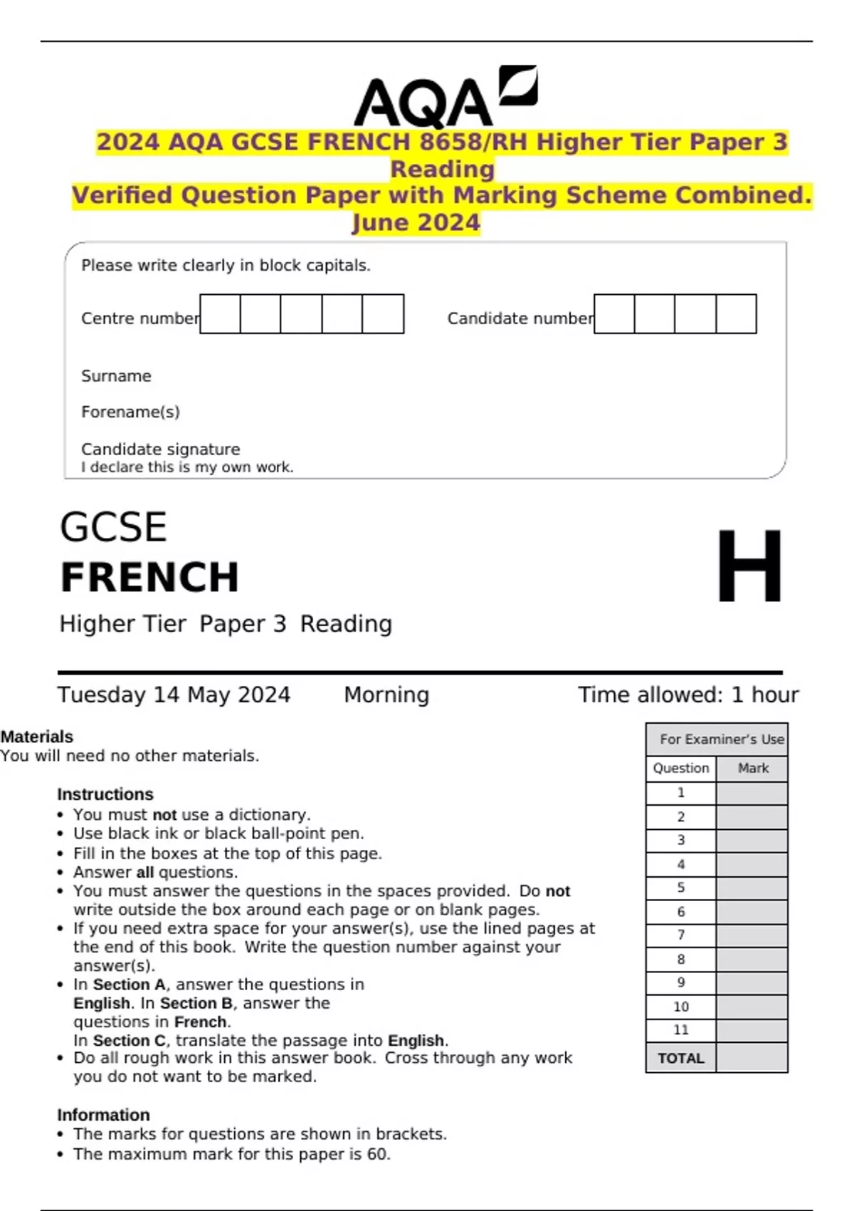 2024 AQA GCSE FRENCH 8658/RH Higher Tier Paper 3 Reading Verified ...