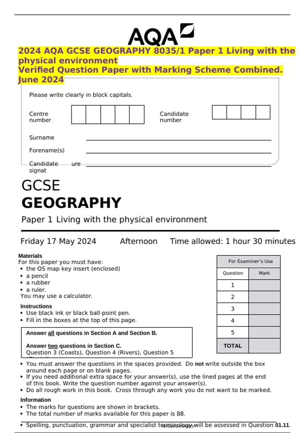 2024 AQA GCSE GEOGRAPHY 8035/1 Paper 1 Living with the physical ...