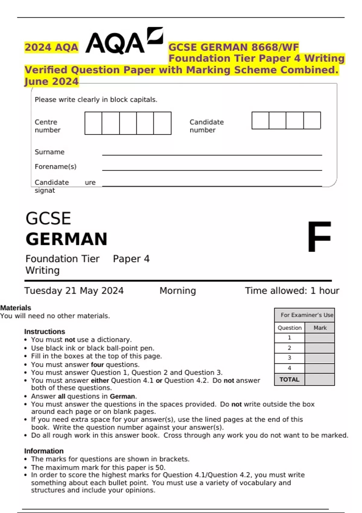 2024 AQA GCSE GERMAN 8668/WF Foundation Tier Paper 4 Writing Verified ...