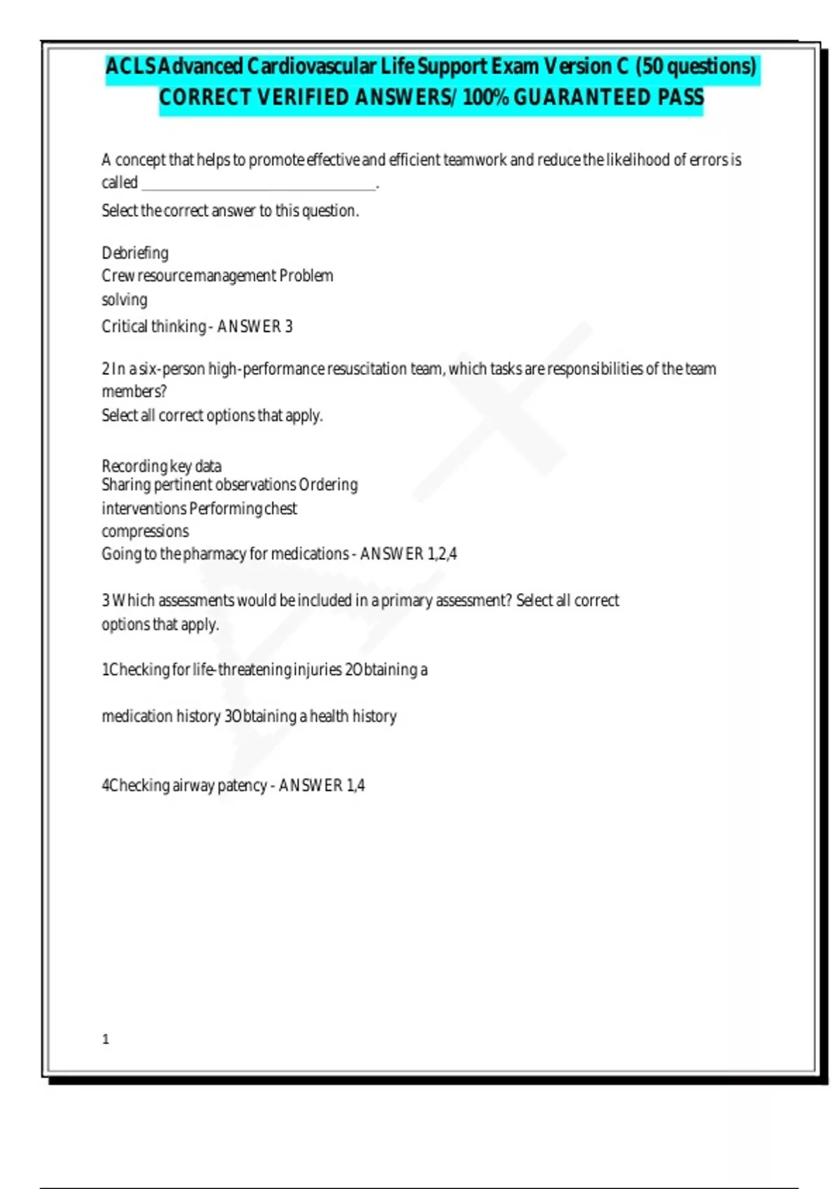 ACLS Advanced Cardiovascular Life Support Exam Version C (50 questions ...