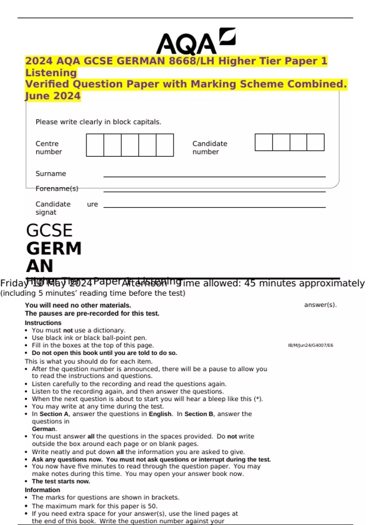 2024 AQA GCSE GERMAN 8668/LH Higher Tier Paper 1 Listening Verified ...