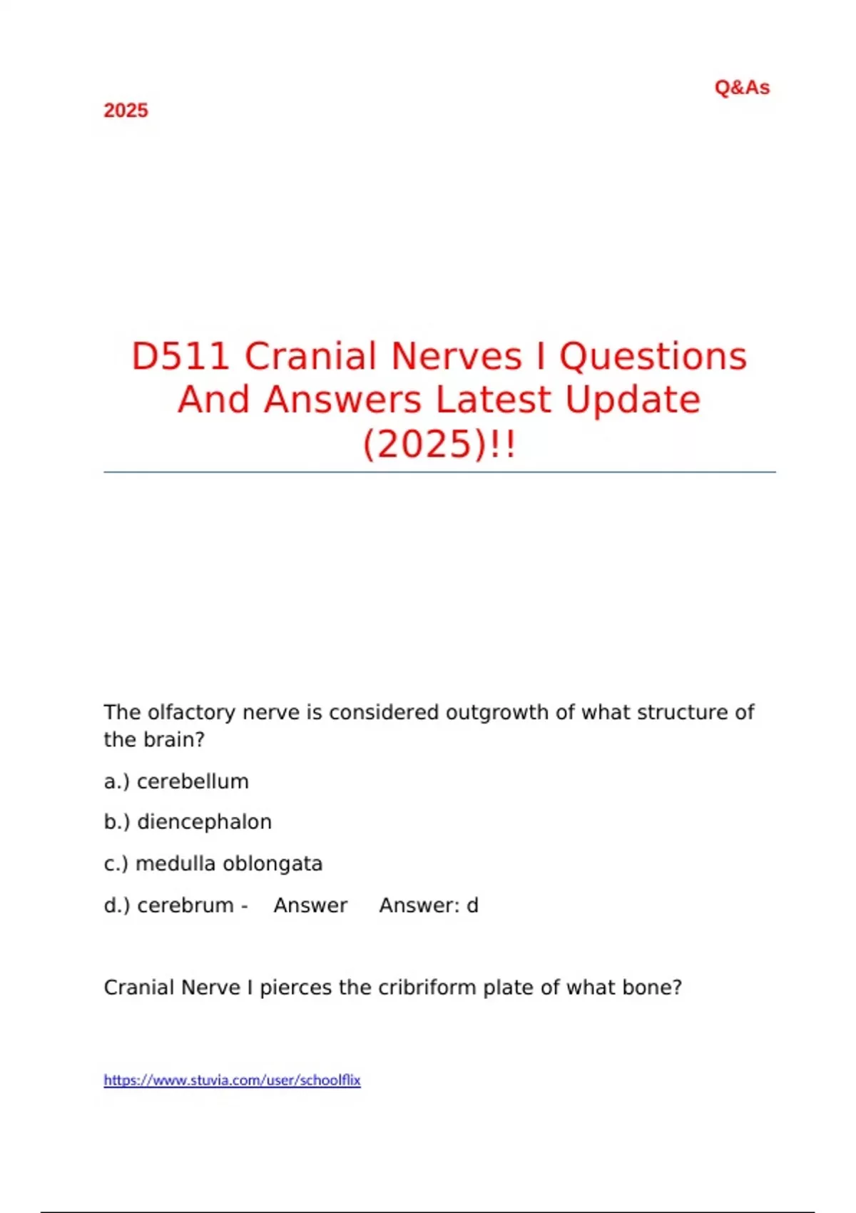 D511 Cranial Nerves I Questions And Answers Latest Update (2025 ...