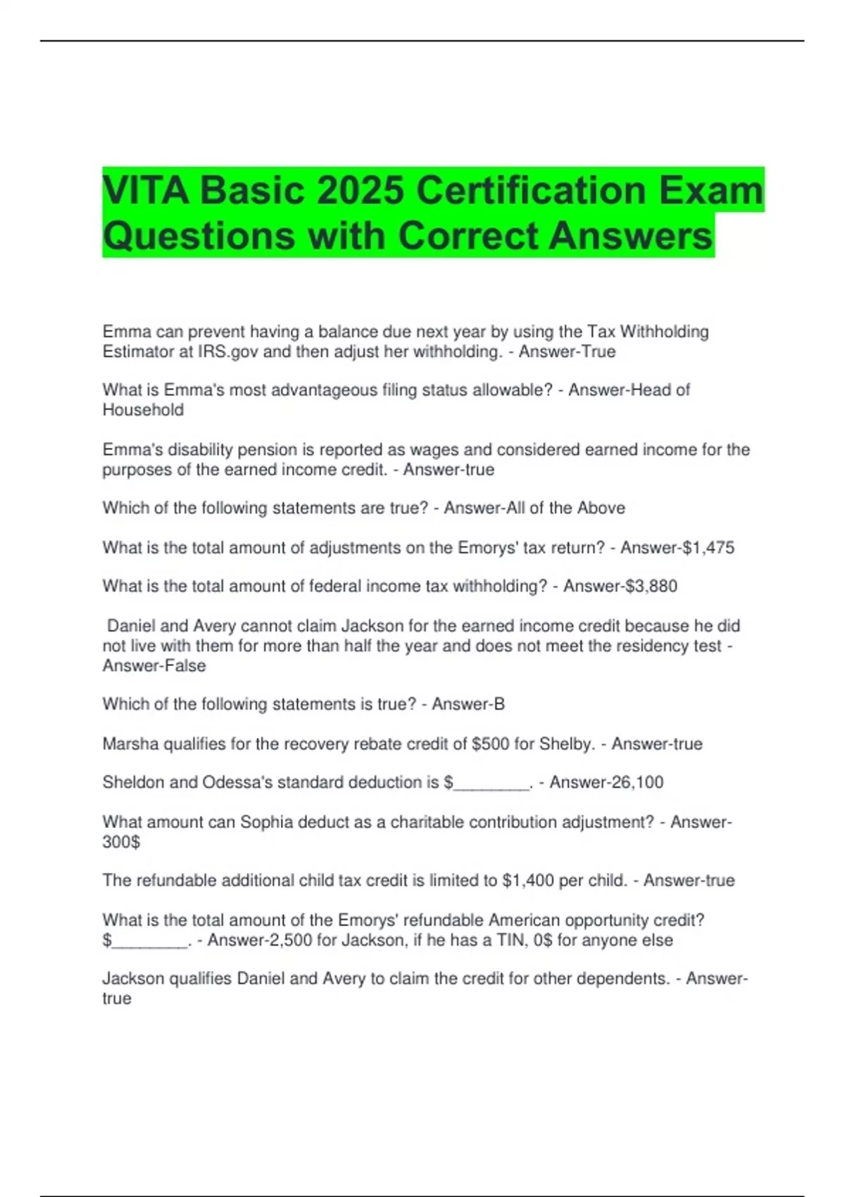 VITA Basic 2025 Certification Exam Questions with Correct Answers ...