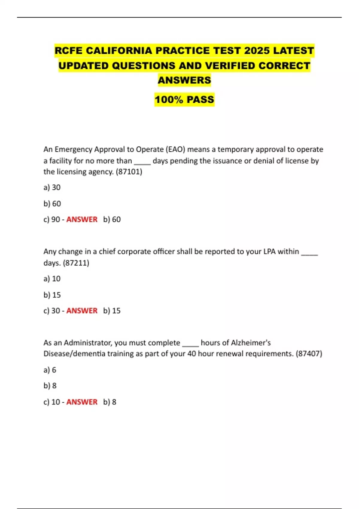 RCFE CALIFORNIA PRACTICE TEST 2025 LATEST UPDATED QUESTIONS AND ...