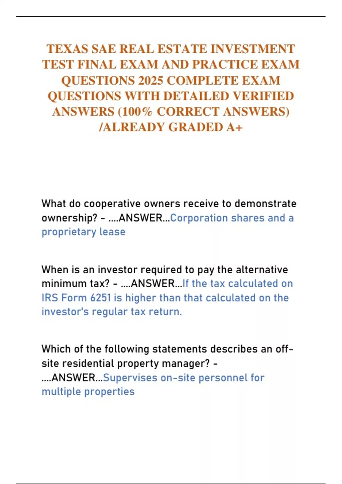 TEXAS SAE REAL ESTATE INVESTMENT TEST FINAL EXAM AND PRACTICE EXAM ...