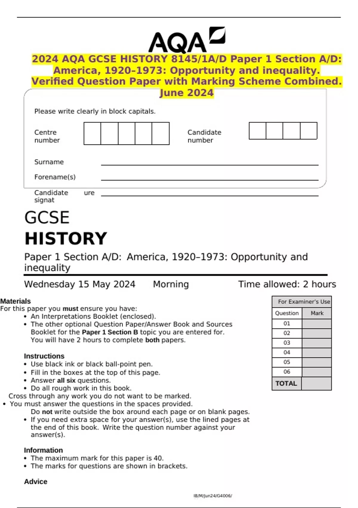 2024 AQA GCSE HISTORY 8145/1A/D Paper 1 Section A/D: America, 1920–1973 ...
