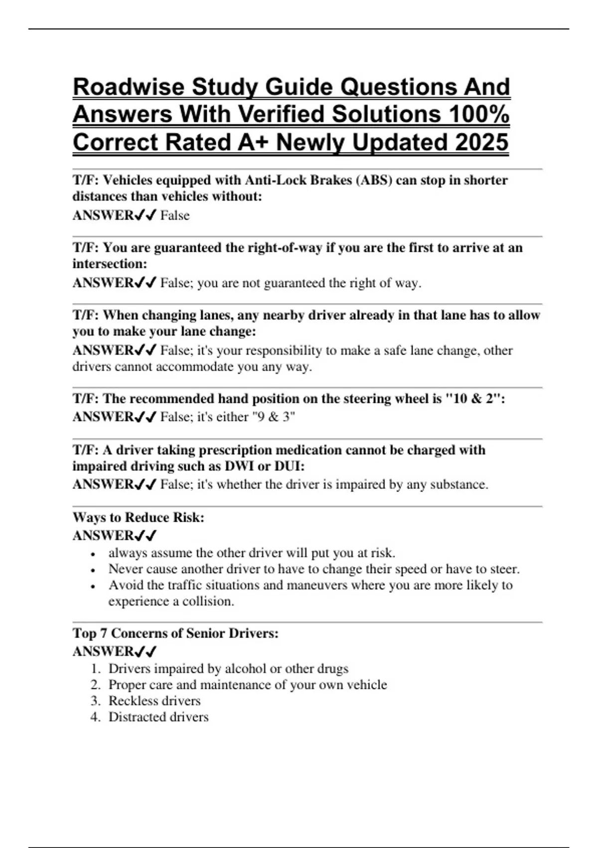 Roadwise Study Guide Questions And Answers With Verified Solutions 100% ...