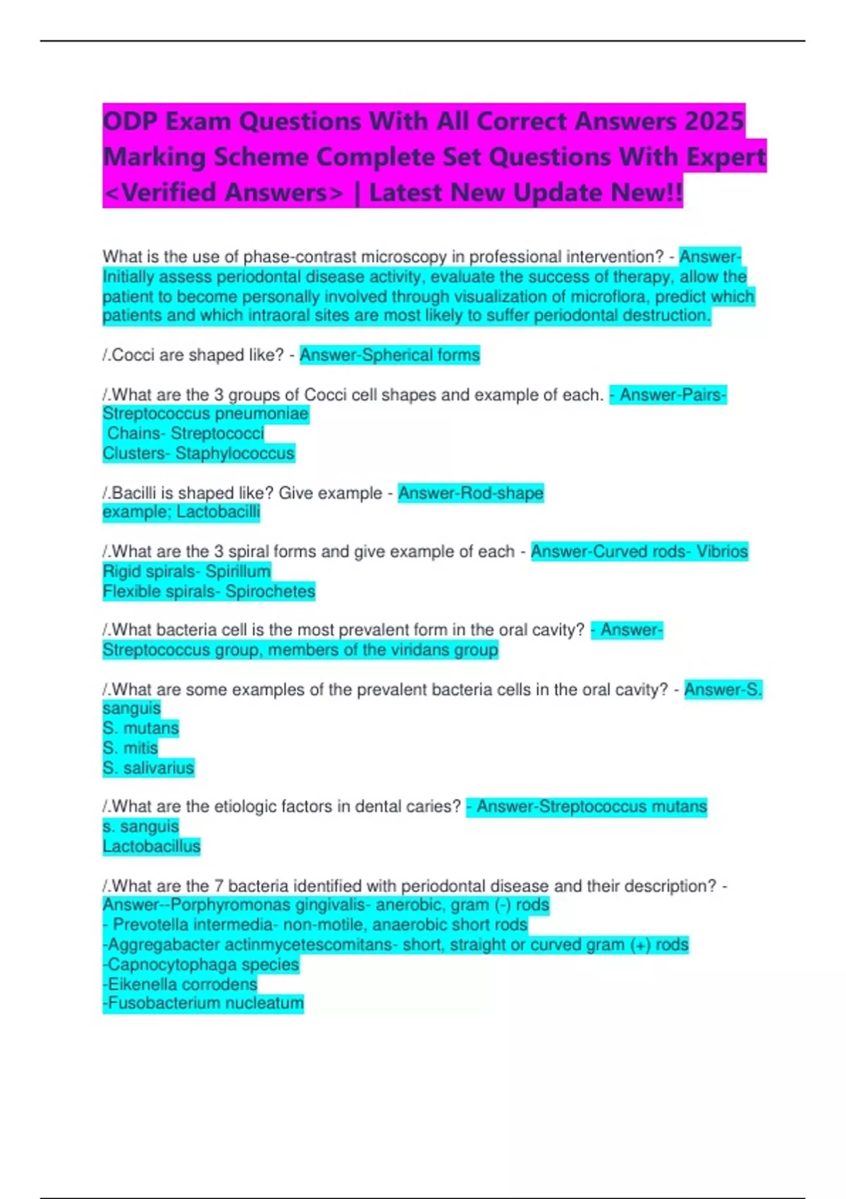 ODP Exam Questions With All Correct Answers 2025 Marking Scheme Complete Set Questions With ...