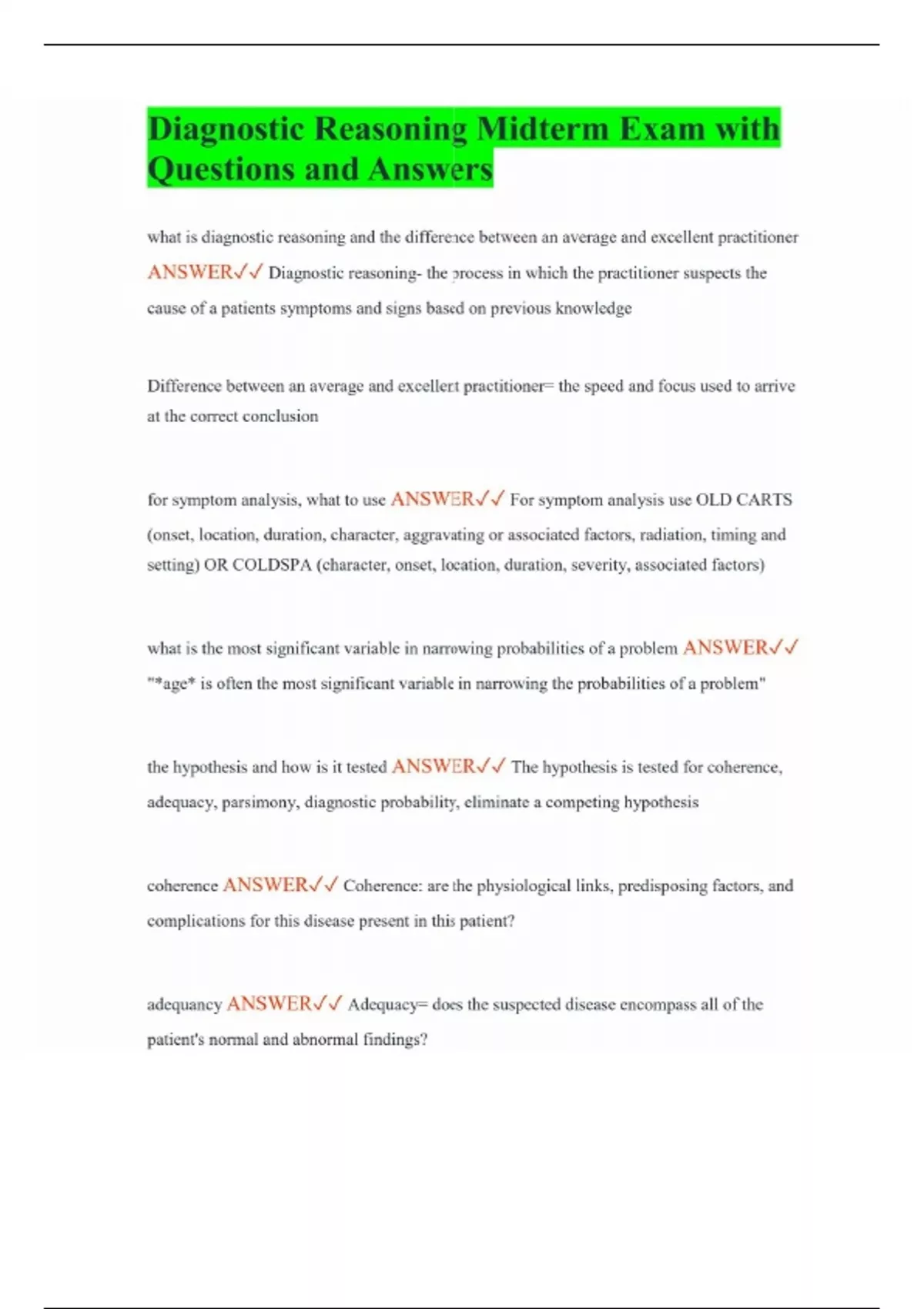 Diagnostic Reasoning Midterm Exam with Questions and Answers - Nursing ...