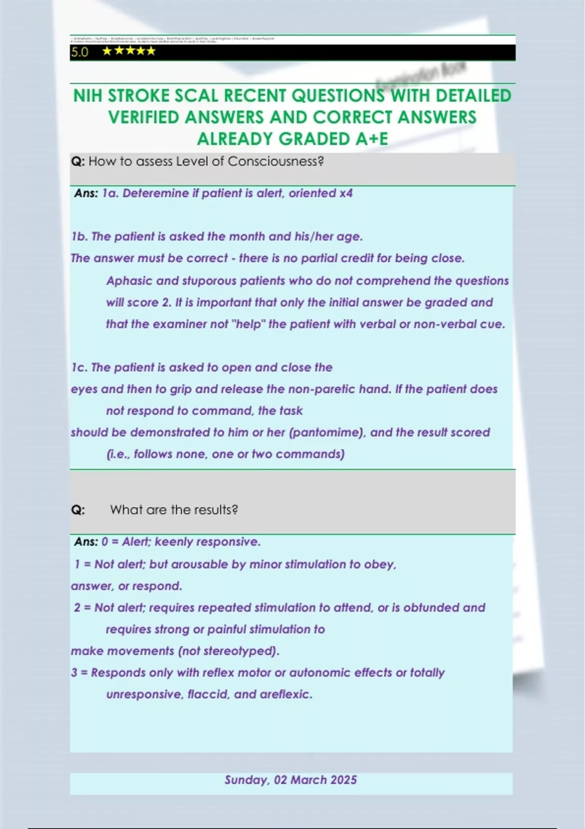 NIH Stroke Scale Recent Questions with Detailed Verified Answers and ...