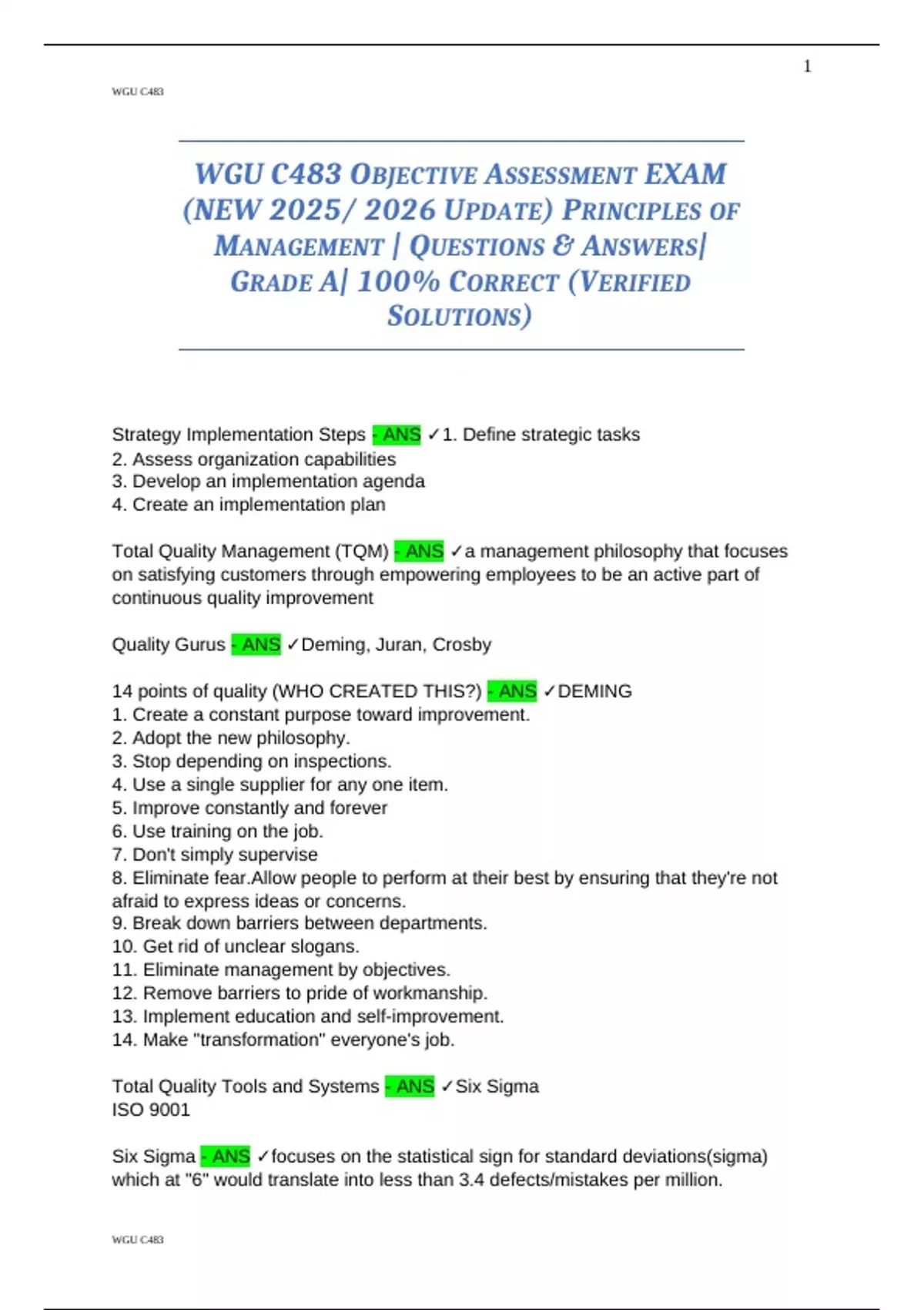 WGU C483 Principles of Management – Objective Assessment Review (New ...