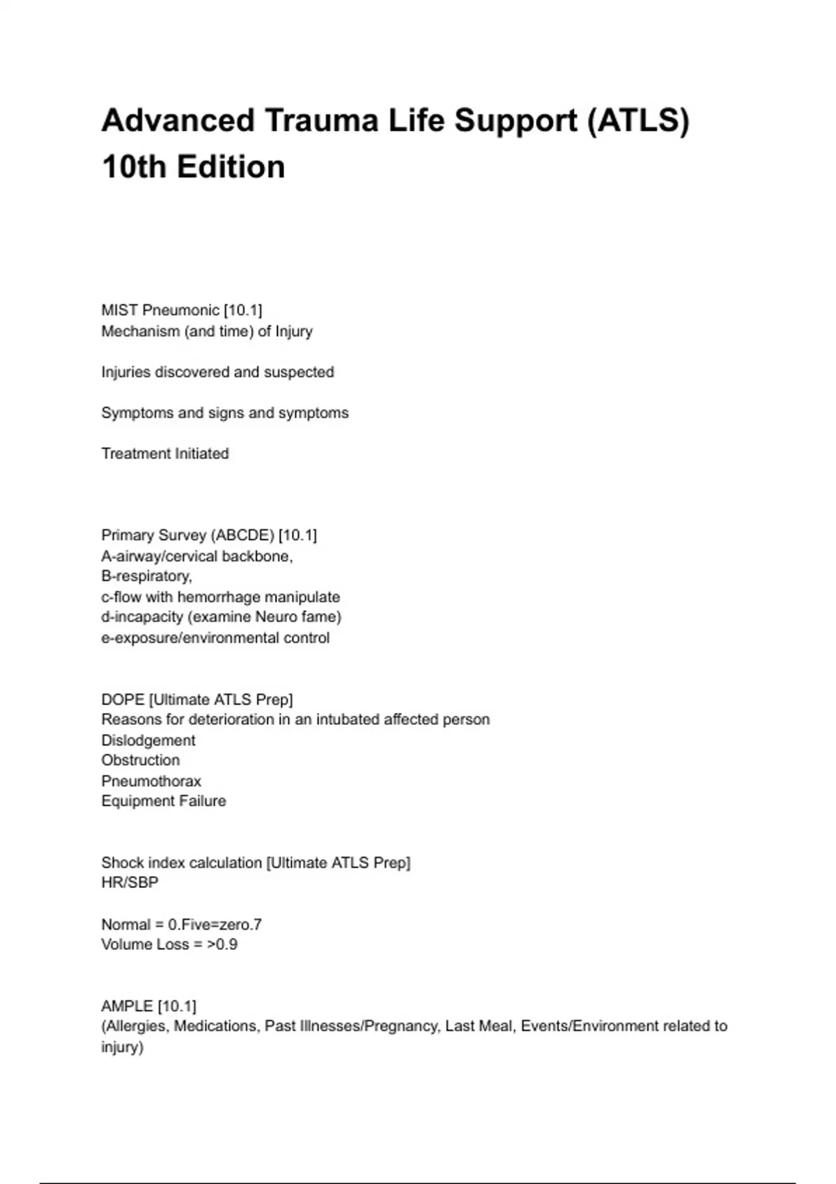 Advanced Trauma Life Support (ATLS) 10th Edition QUESTIONS WITH ...