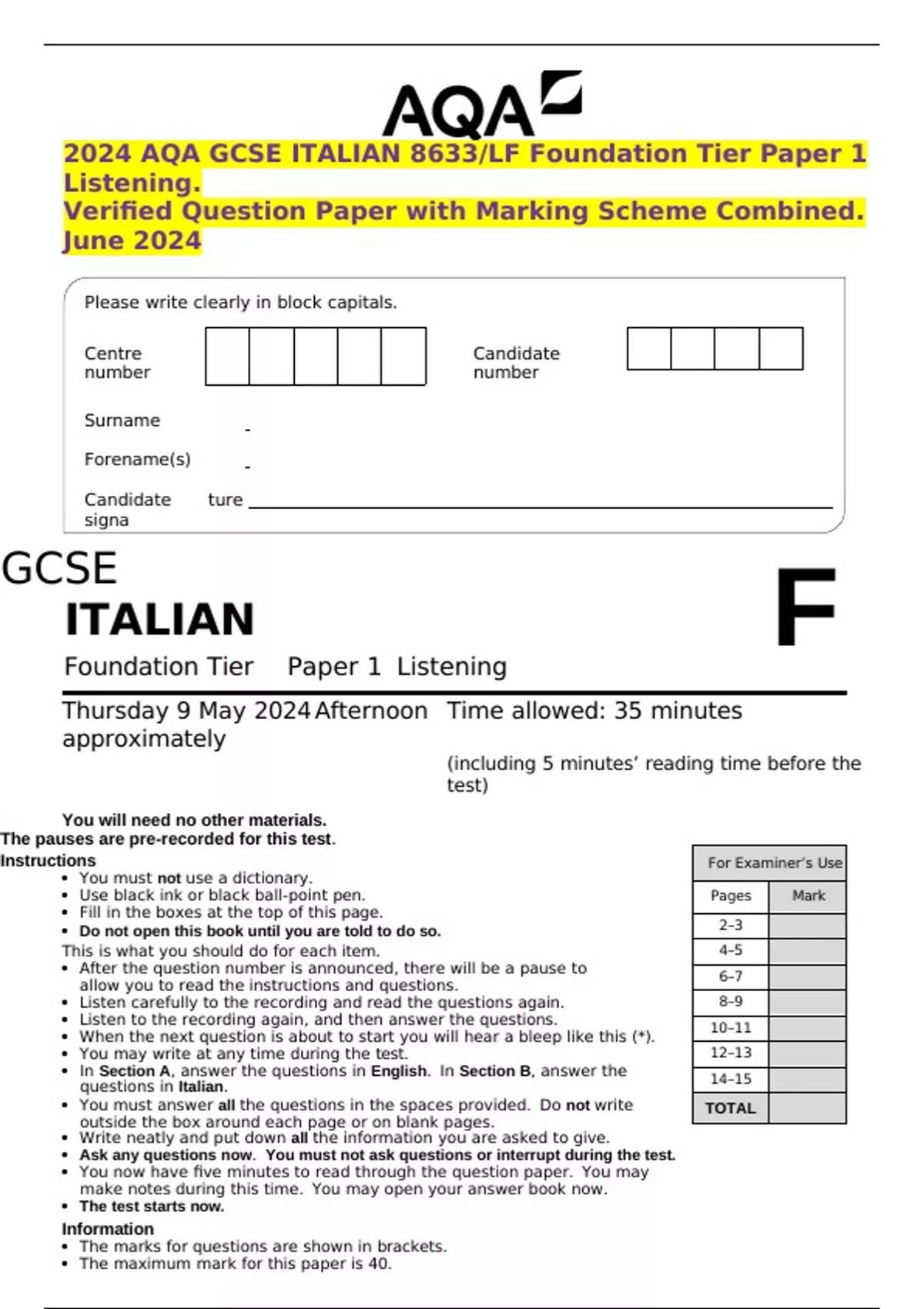 2024 AQA GCSE ITALIAN 8633/LF Foundation Tier Paper 1 Listening ...