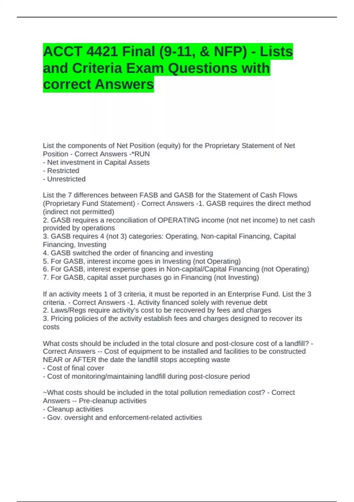 ACCT 4421 Final (9-11, & NFP) - Lists and Criteria Exam Questions with ...