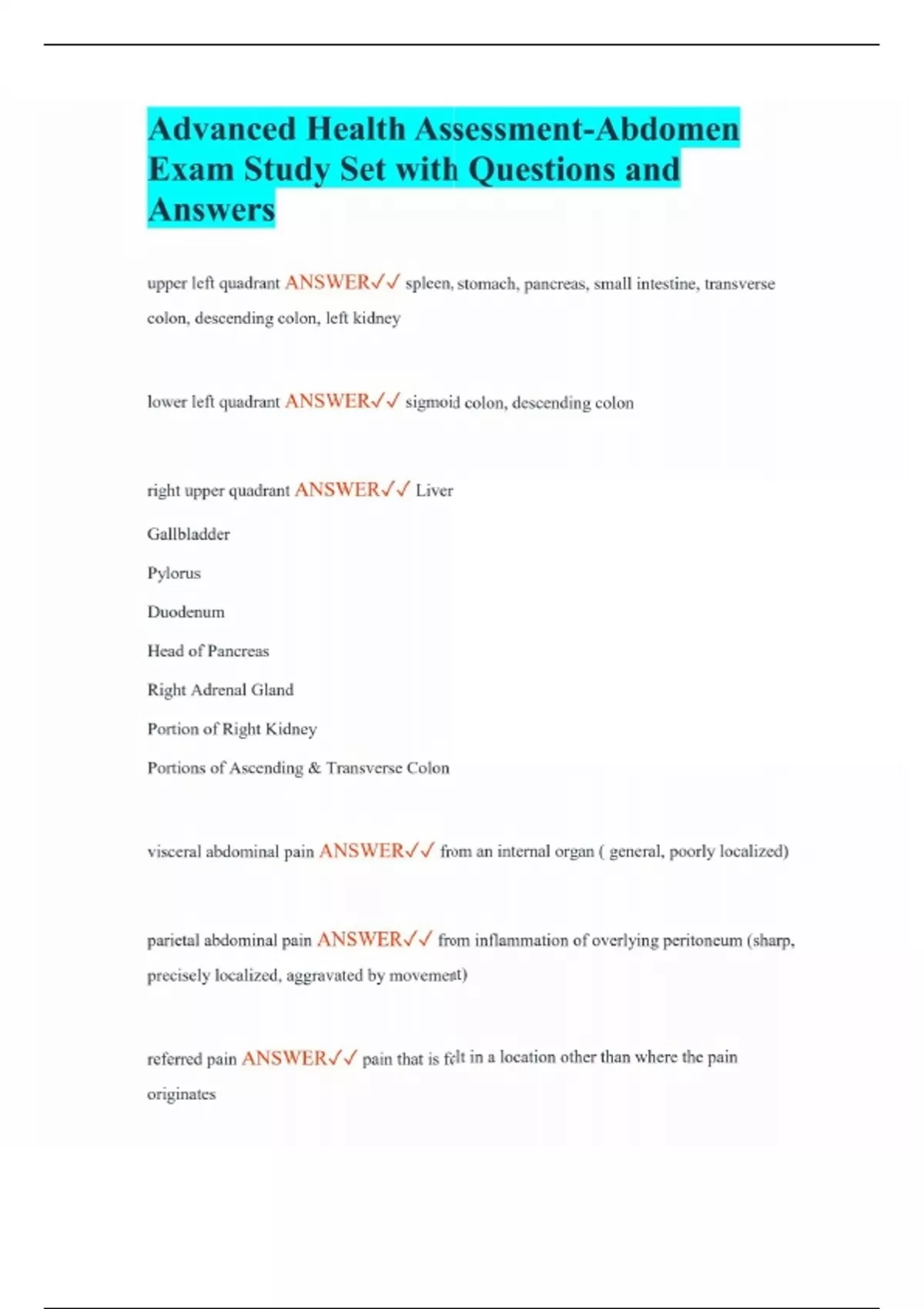 Advanced Health Assessment-Abdomen Exam Study Set with Questions and ...