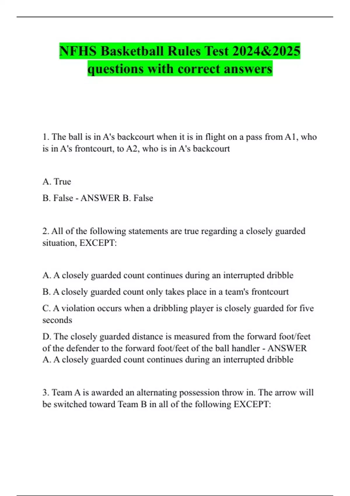 NFHS Basketball Rules Test 2024&2025 questions with correct answers ...