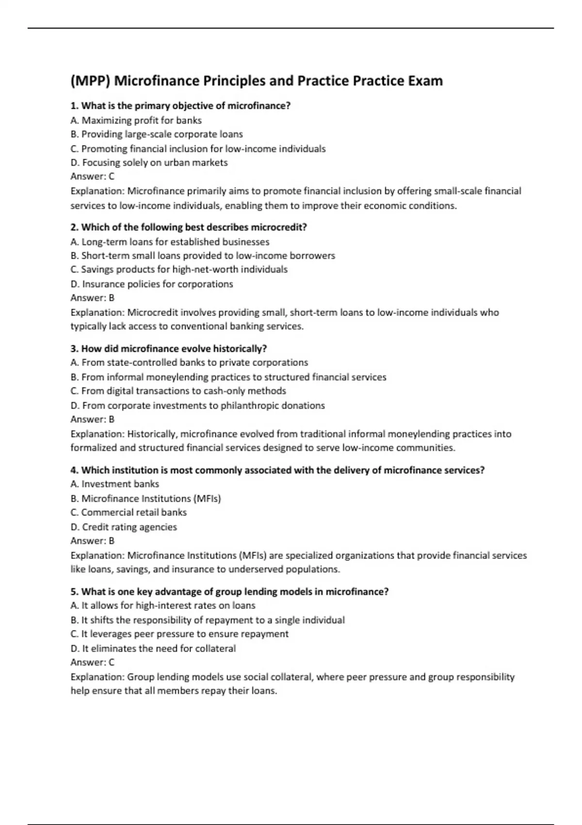 (MPP) Microfinance Principles and Practice Practice Exam - Computers ...