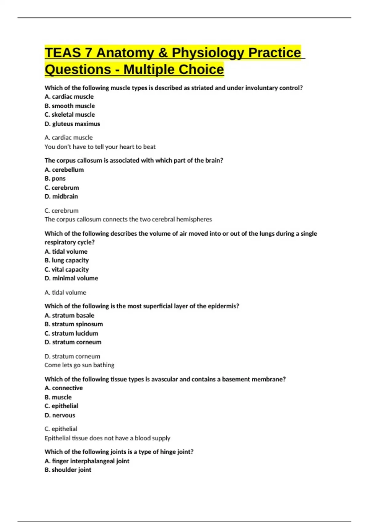 TEAS 7 Anatomy & Physiology Practice Questions - Multiple Choice - TEAS ...
