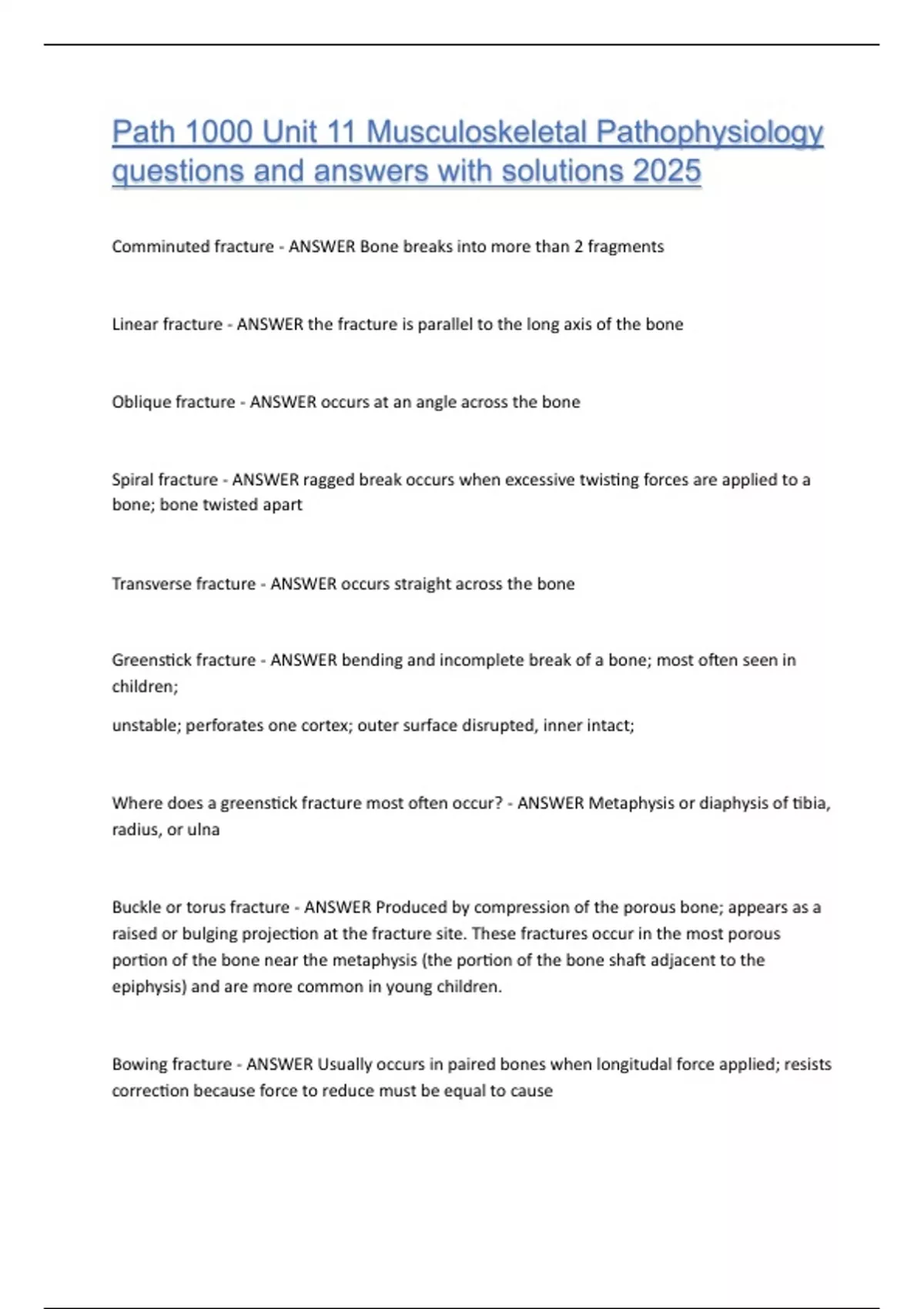 Path 1000 Unit 11 Musculoskeletal Pathophysiology questions and answers ...