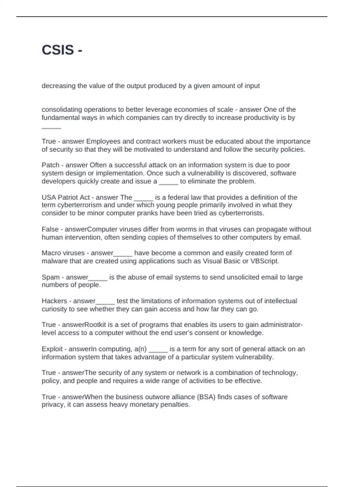 CSIS - QUESTIONS AND ANSWERS 100% CORRECT - CSIS - Stuvia US