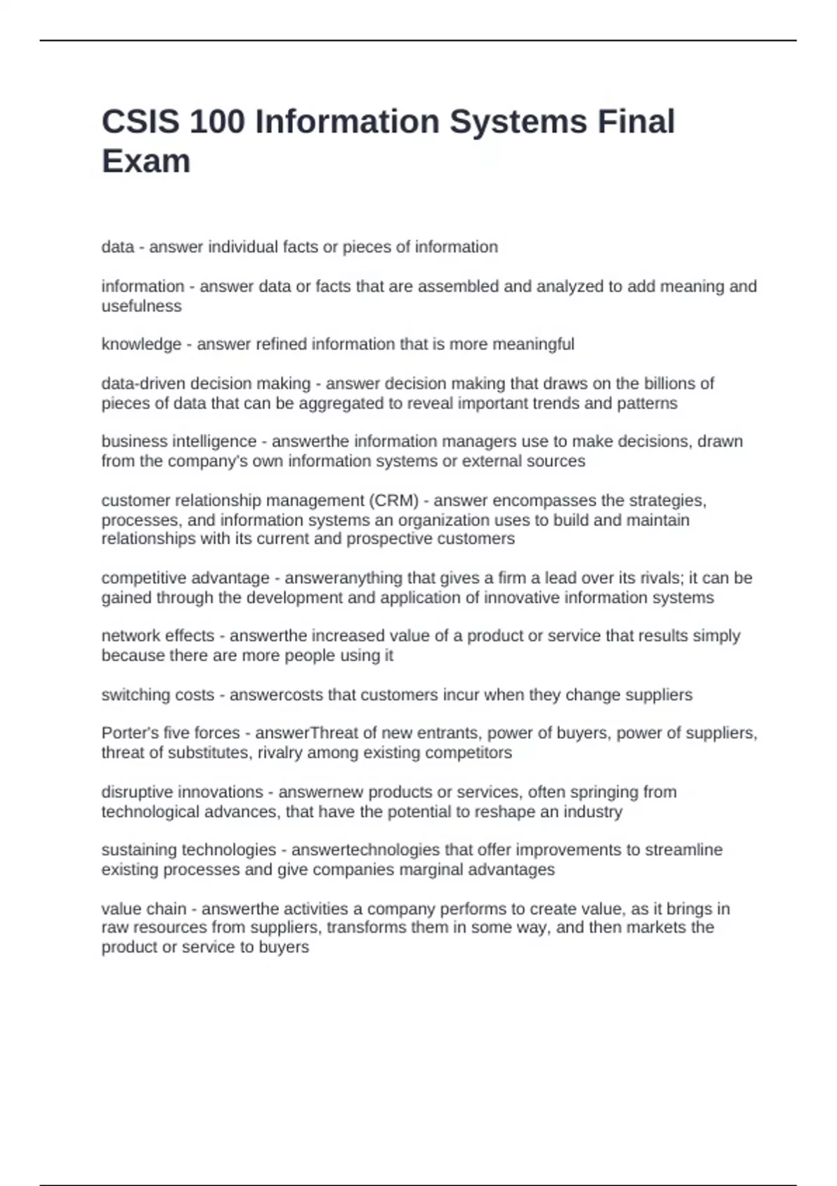 CSIS 100 Information Systems Final Exam Questions and Answers 100% Solved - CSIS - Stuvia US