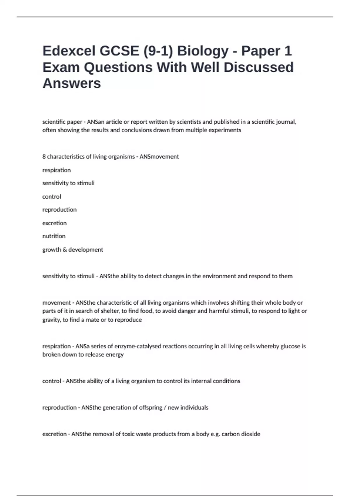 Edexcel GCSE (9-1) Biology - Paper 1 Exam Questions With Well Discussed ...