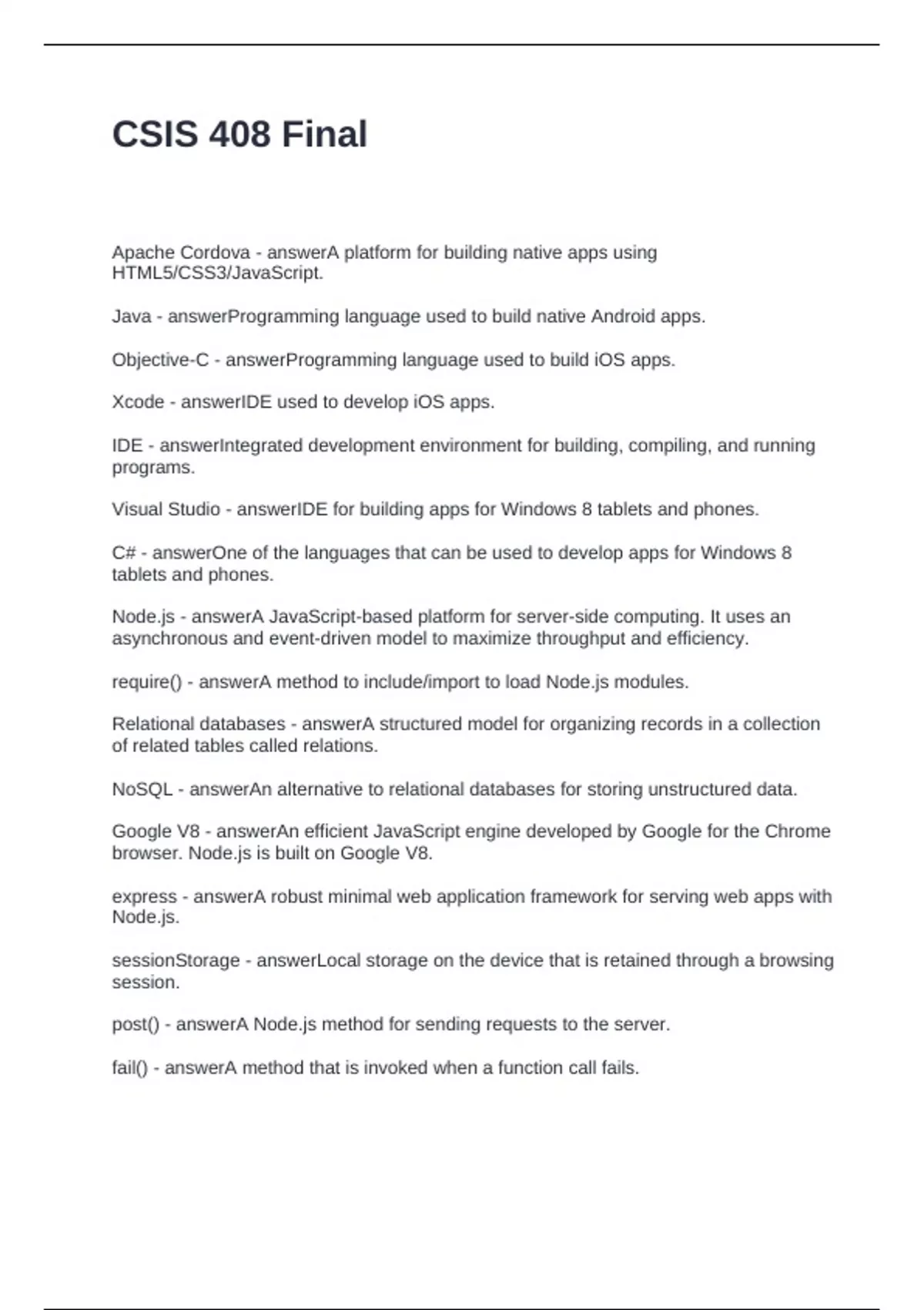 CSIS 408 Final Questions and Answers - CSIS - Stuvia US