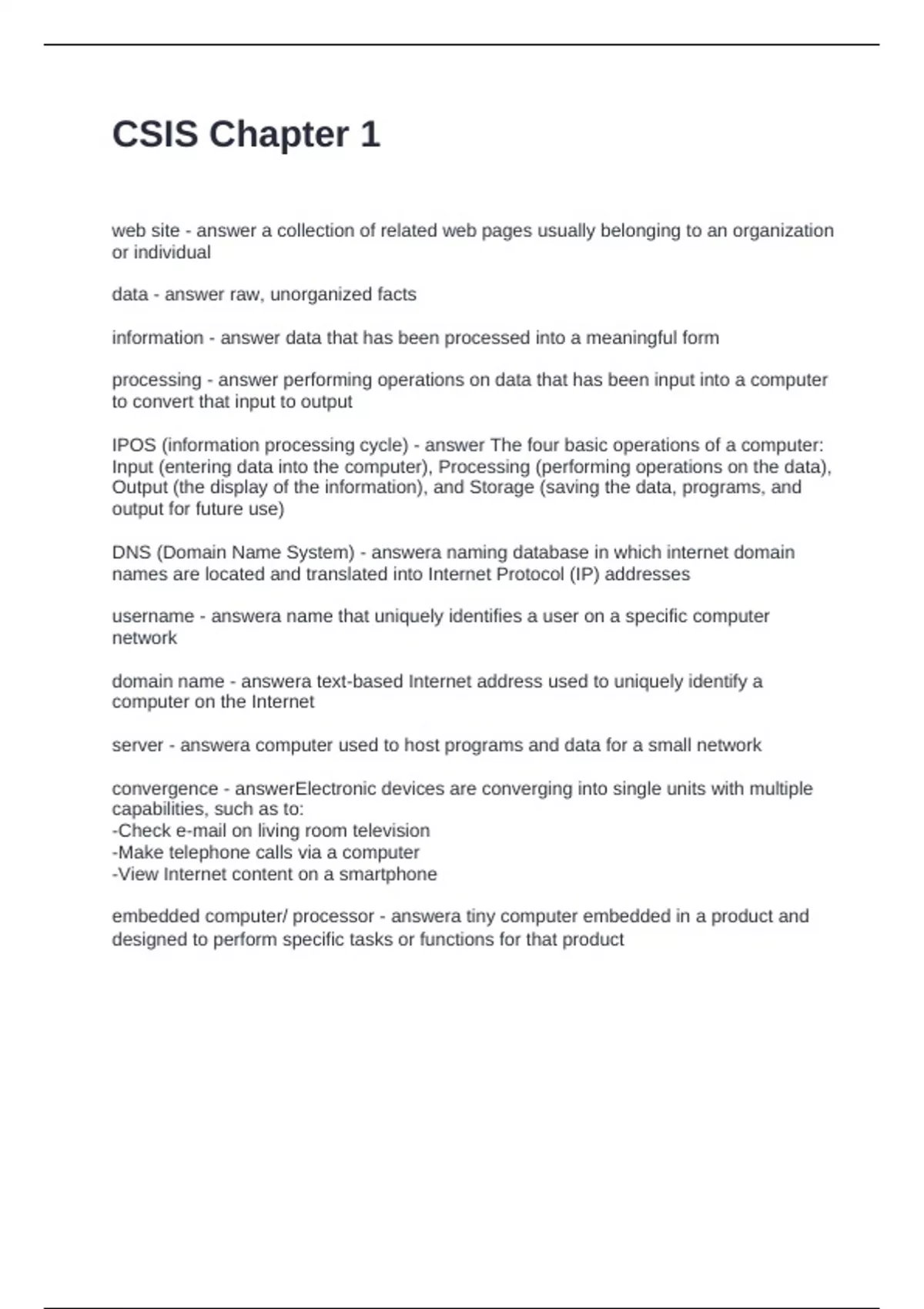 CSIS Chapter 1 Questions and Answers - CSIS - Stuvia US