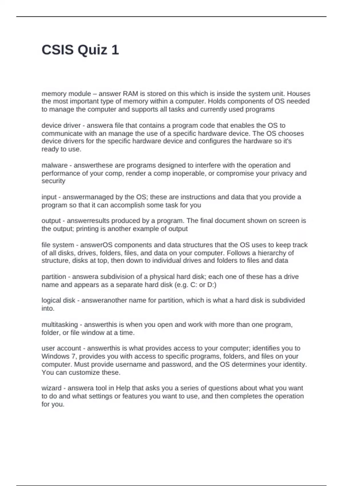 CSIS Quiz 1 Questions and Answers 100% Solved - CSIS - Stuvia US