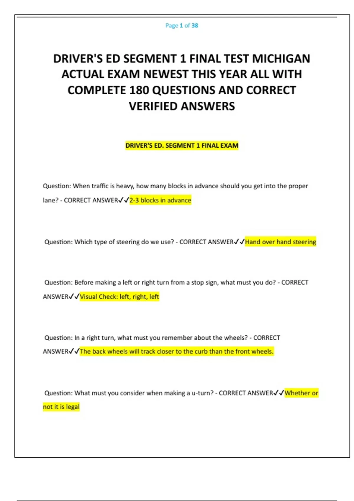 DRIVER'S ED SEGMENT 1 FINAL TEST MICHIGAN ACTUAL EXAM NEWEST THIS YEAR ...