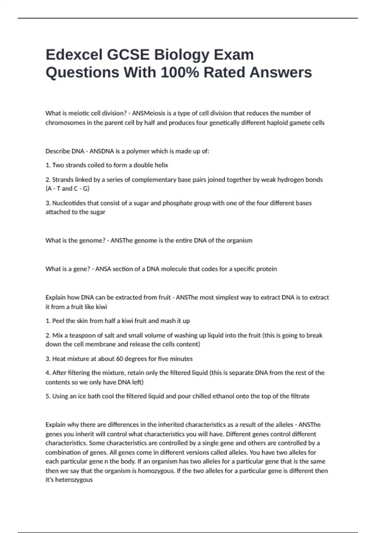 Edexcel GCSE Biology Exam Questions With 100% Rated Answers - Edexcel ...
