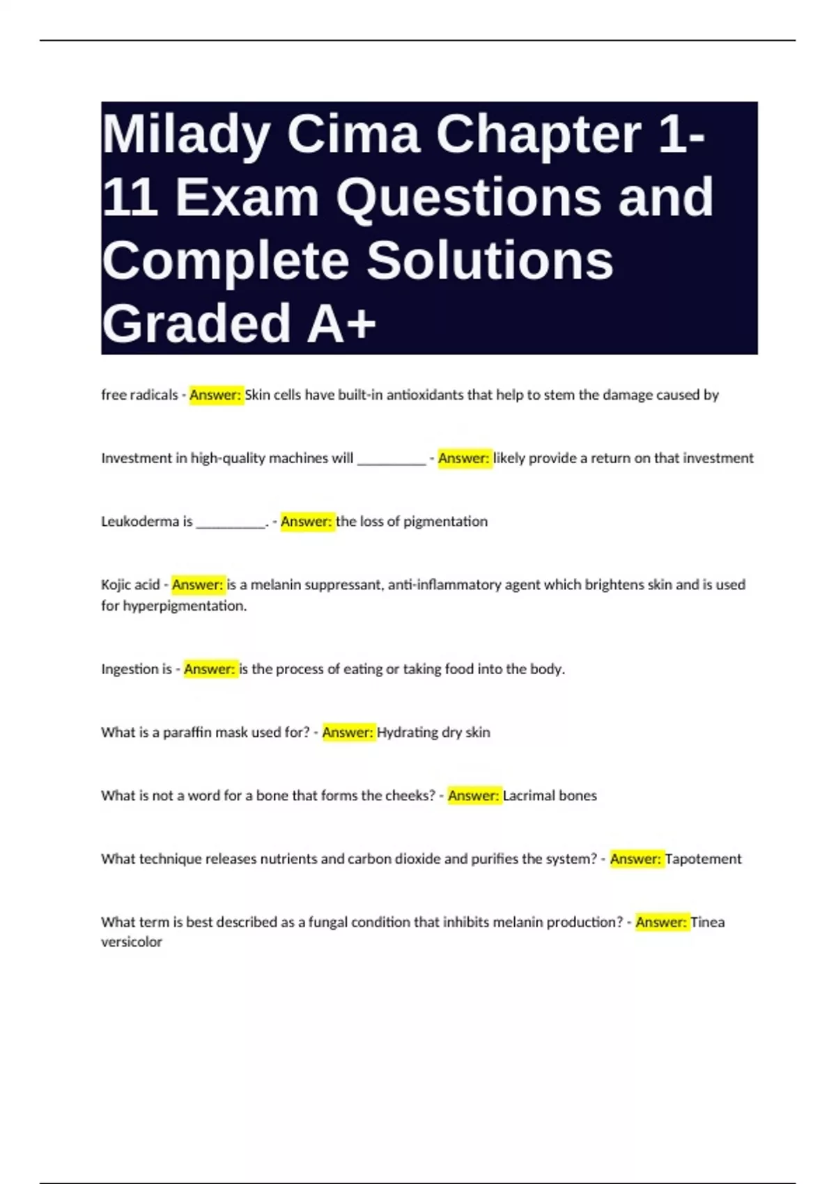 Milady Cima Chapter 1-11 Exam Questions and Complete Solutions Graded ...