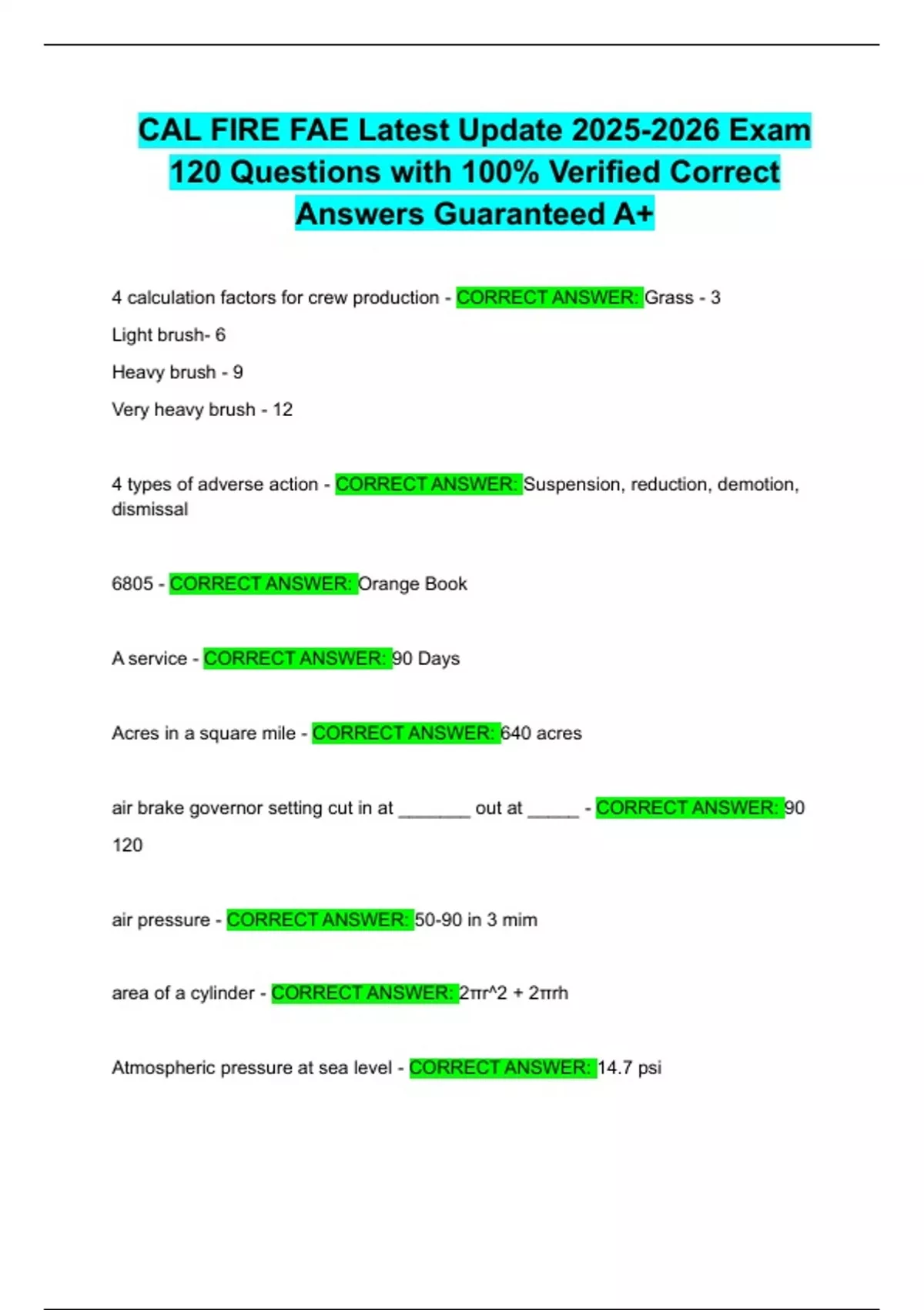 CAL FIRE FAE Latest Update Exam 120 Questions with 100% Verified ...