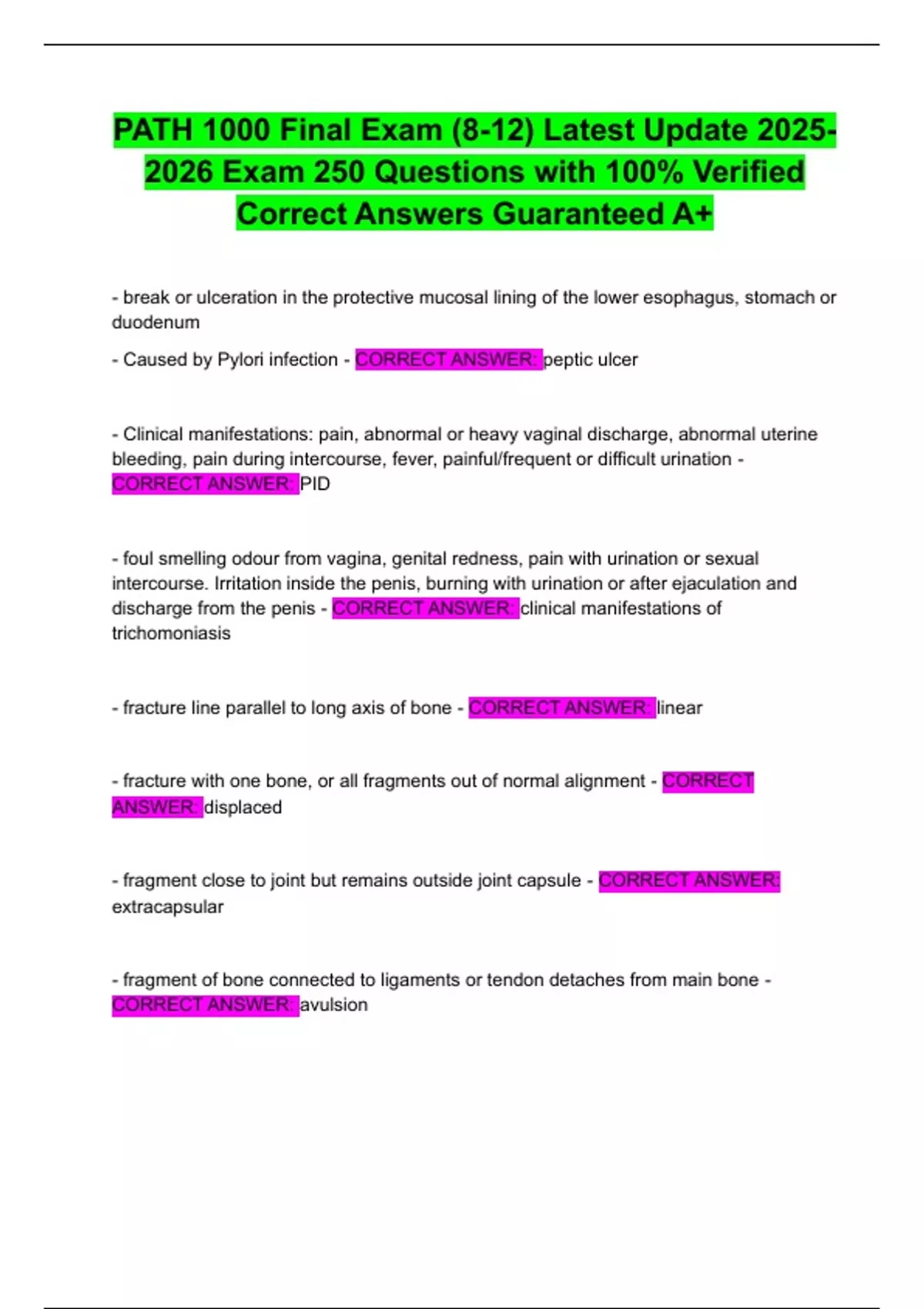 PATH 1000 Final Exam (8-12) Latest Update Exam 250 Questions with 100% ...