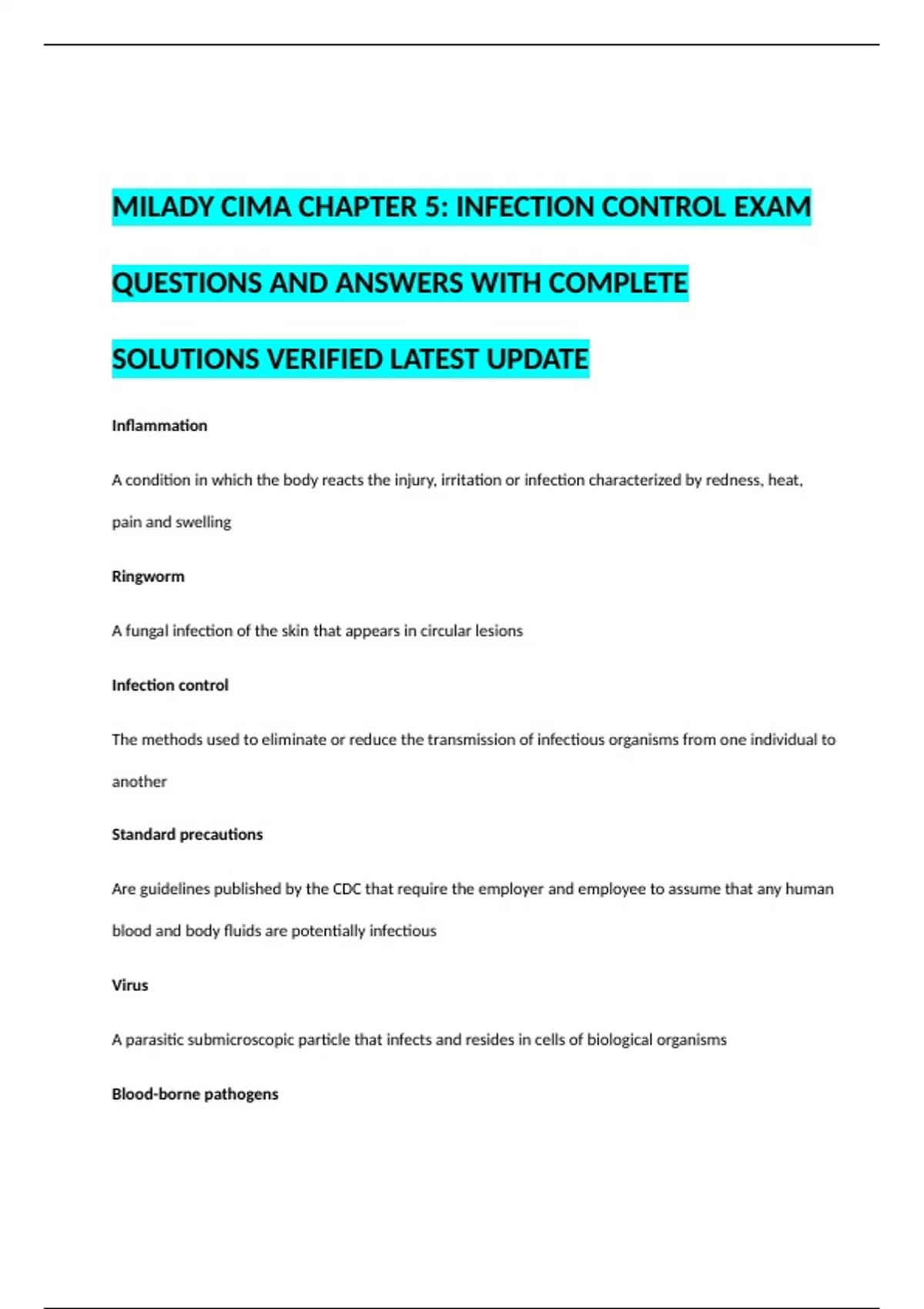 MILADY CIMA CHAPTER 5: INFECTION CONTROL EXAM QUESTIONS AND ANSWERS WITH COMPLETE SOLUTIONS ...